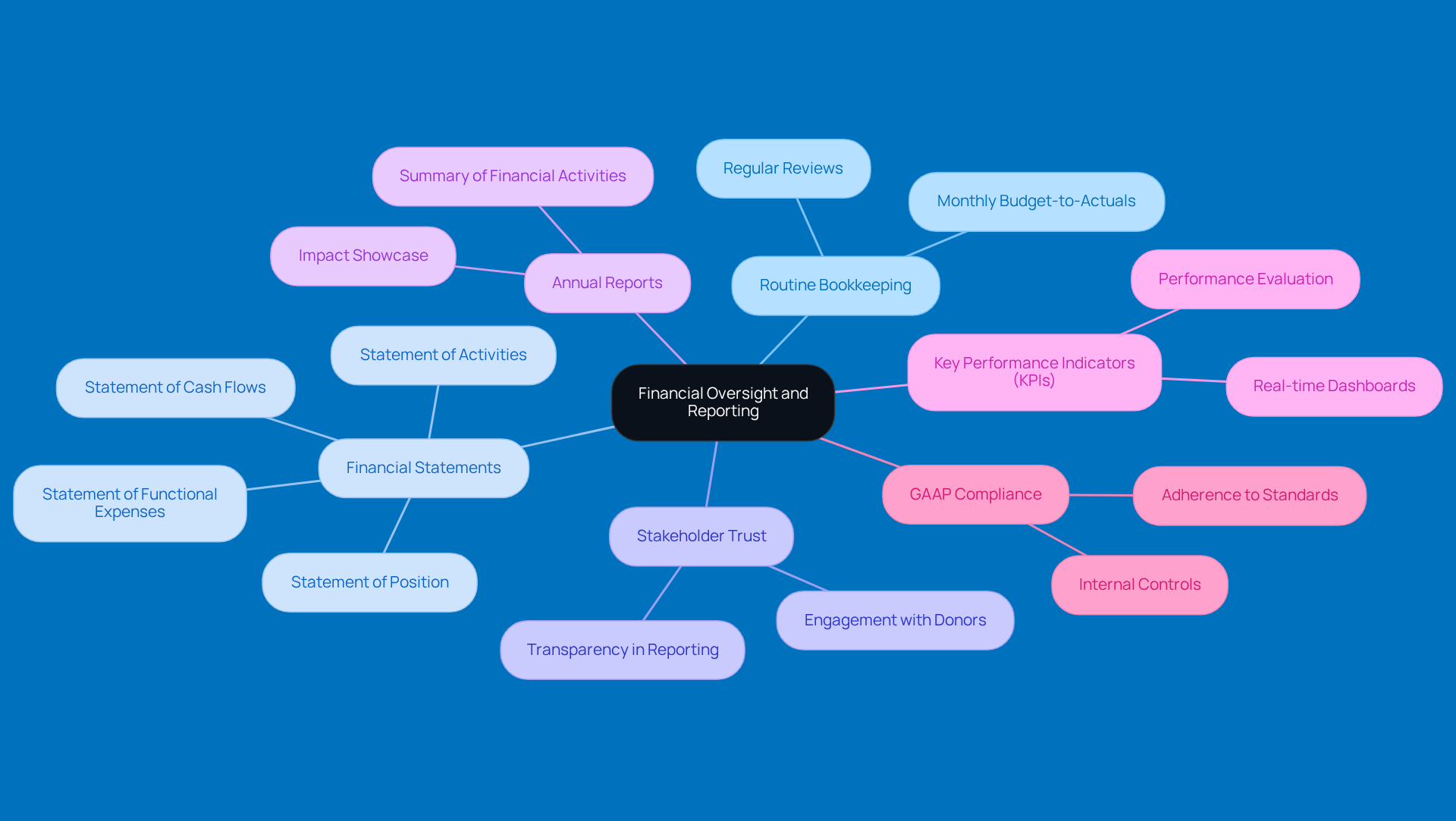 The center represents the main theme of financial oversight. Each branch shows a key area of focus, and the sub-branches provide more details. This layout helps you see how everything connects and supports the goal of maintaining transparency and accountability.