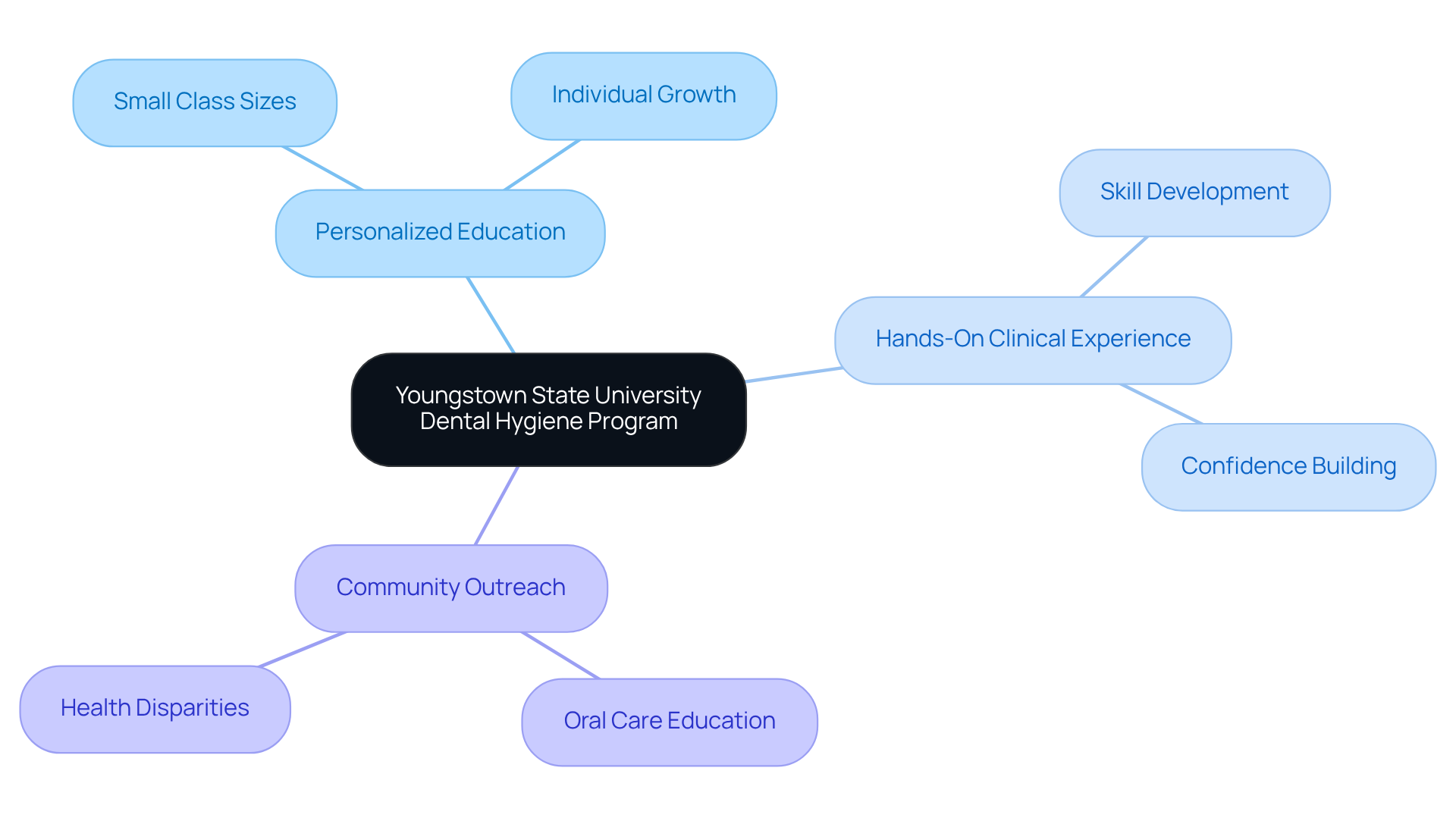 This mindmap shows how the dental hygiene program at Youngstown State University is structured. Start at the center with the program's name, then follow the branches to see how personalized education, hands-on experiences, and community outreach are all connected to help students succeed.
