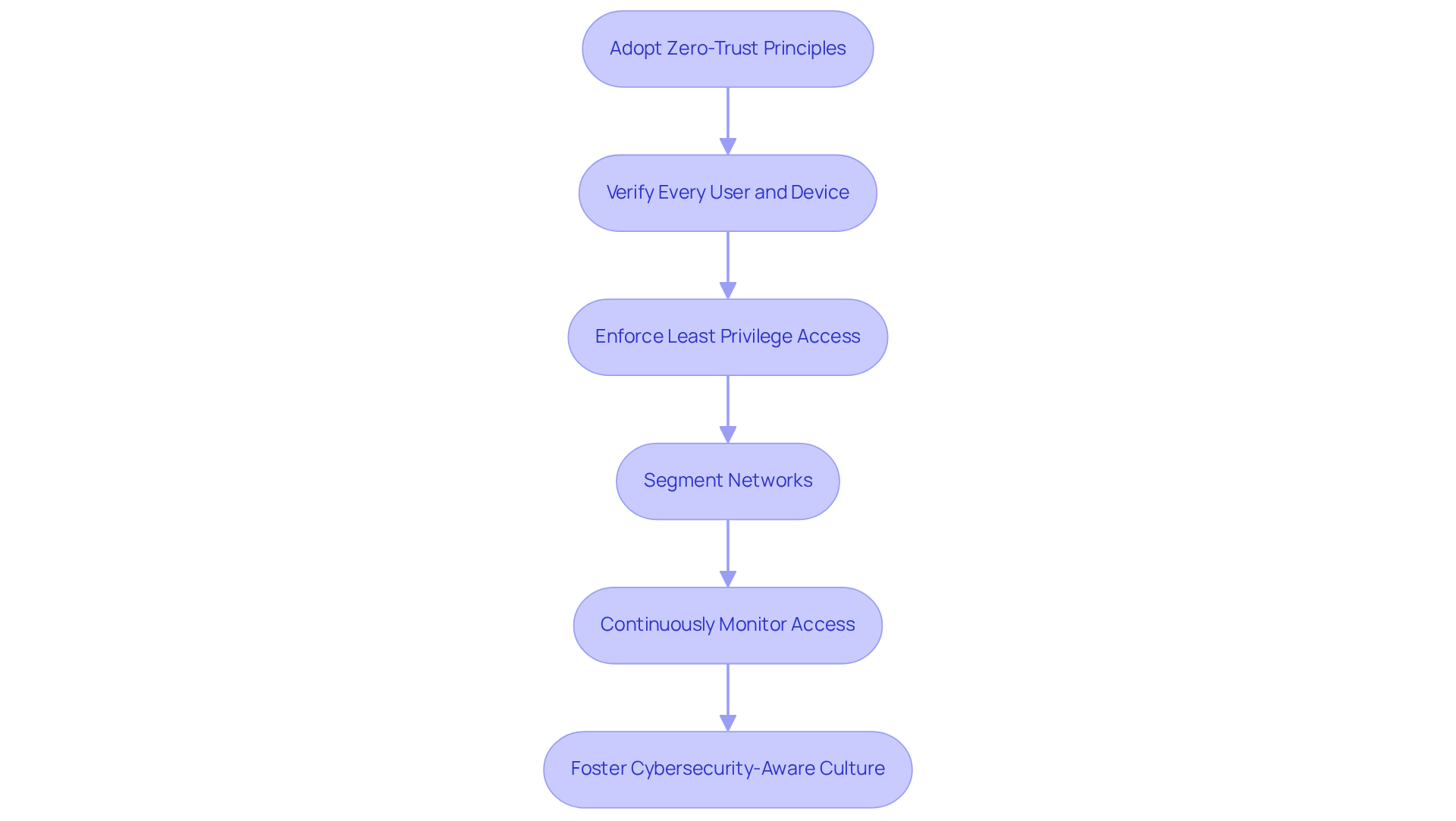 Each box represents a key action in adopting zero-trust principles. Follow the arrows to see the order in which to implement these strategies to enhance your organization's cybersecurity.