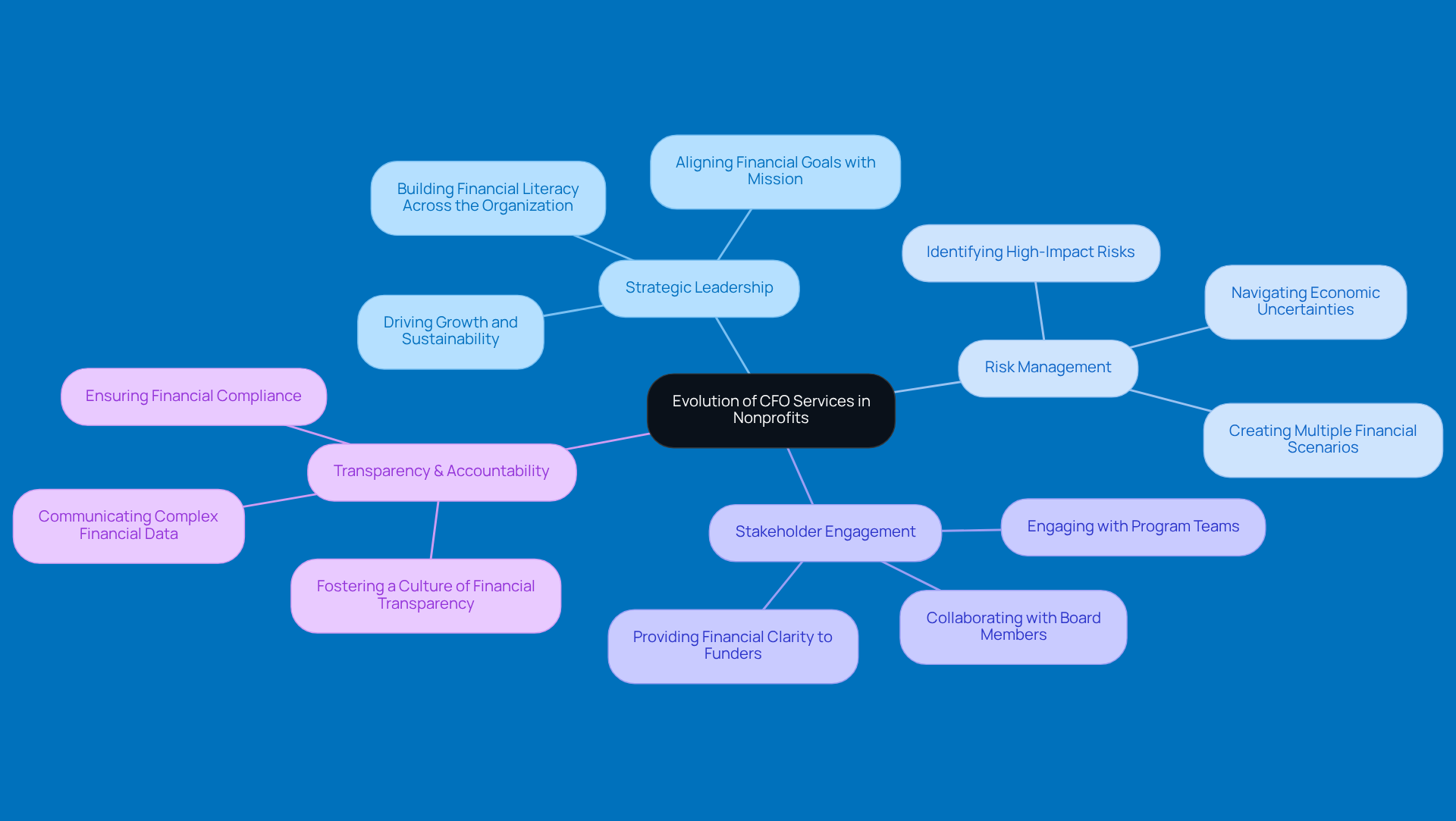 The central node represents the main theme of the CFO's evolution, while the branches show different aspects of their expanded role. Each color-coded branch highlights a specific area of focus, illustrating how CFOs contribute to the nonprofit sector beyond just financial management. The central node represents the main theme of the CFO's evolution, while the branches show different aspects of their expanded role. Each color-coded branch highlights a specific area of focus, illustrating how CFOs contribute to the nonprofit sector beyond just financial management.