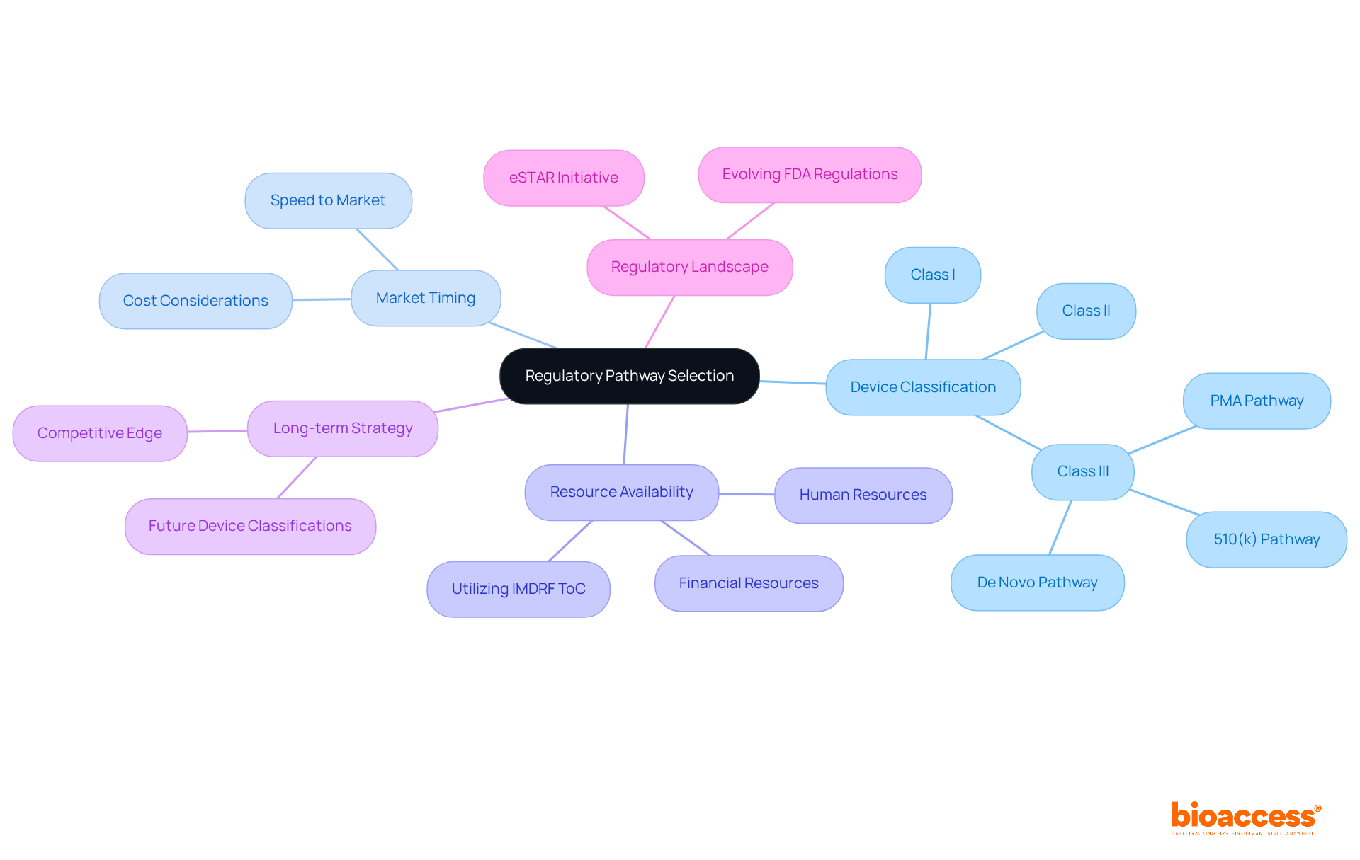 The central node represents the main topic of pathway selection, while the branches show the key strategic factors to consider. Each sub-branch provides additional details, helping you see how each factor influences the decision-making process.