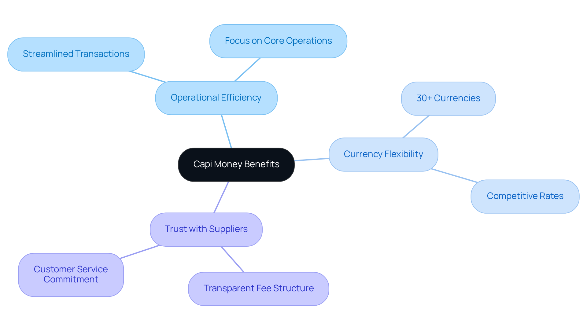 The central node represents Capi Money's overall benefits, while the branches show specific areas of improvement for importers, helping you understand how each aspect contributes to operational success and supplier relationships.