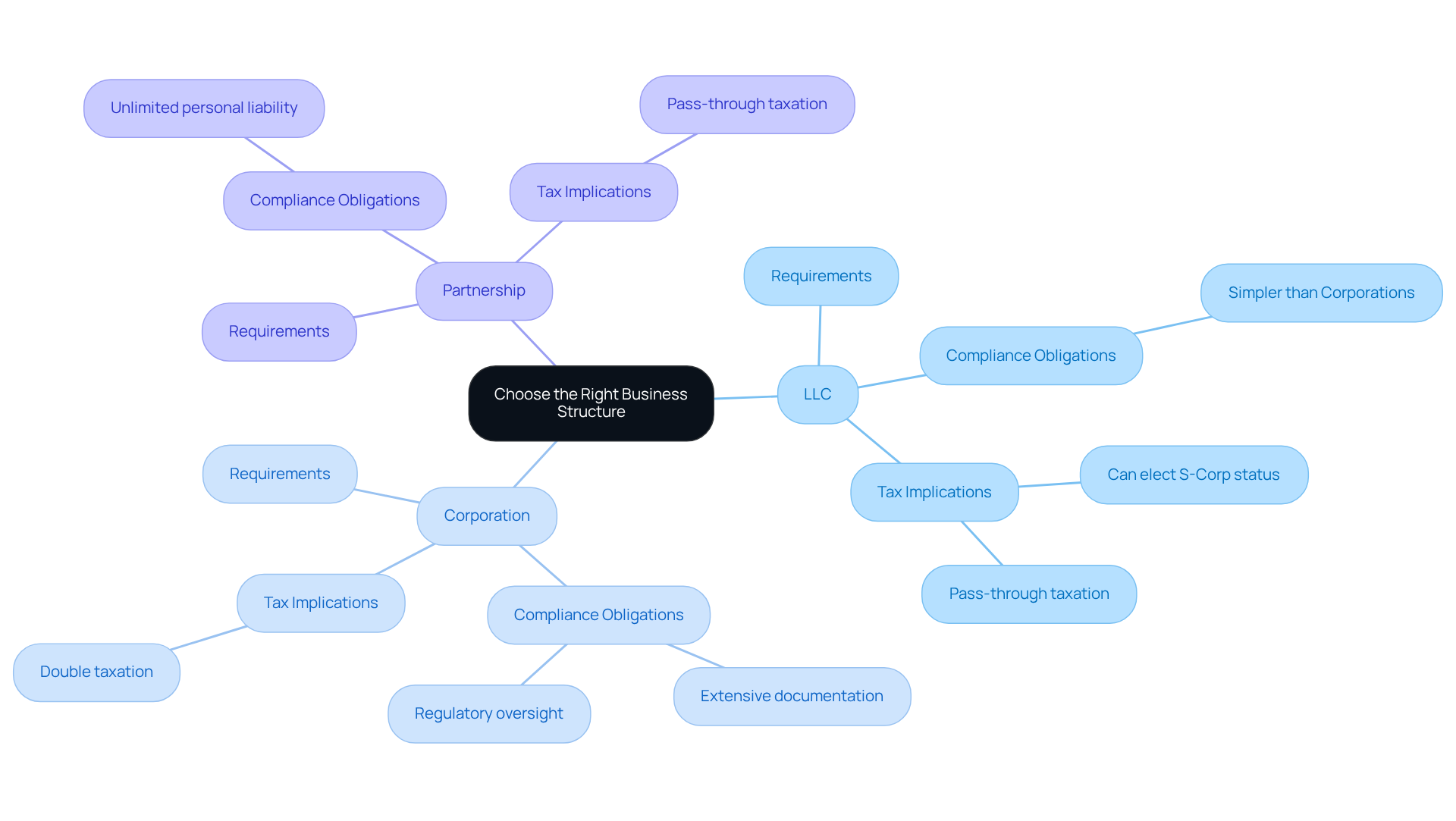 Start at the center with the main topic, then explore each branch to see the different business structures and what makes them unique. Each color represents a different structure, helping you easily identify their characteristics. Start at the center with the main topic, then explore each branch to see the different business structures and what makes them unique. Each color represents a different structure, helping you easily identify their characteristics.