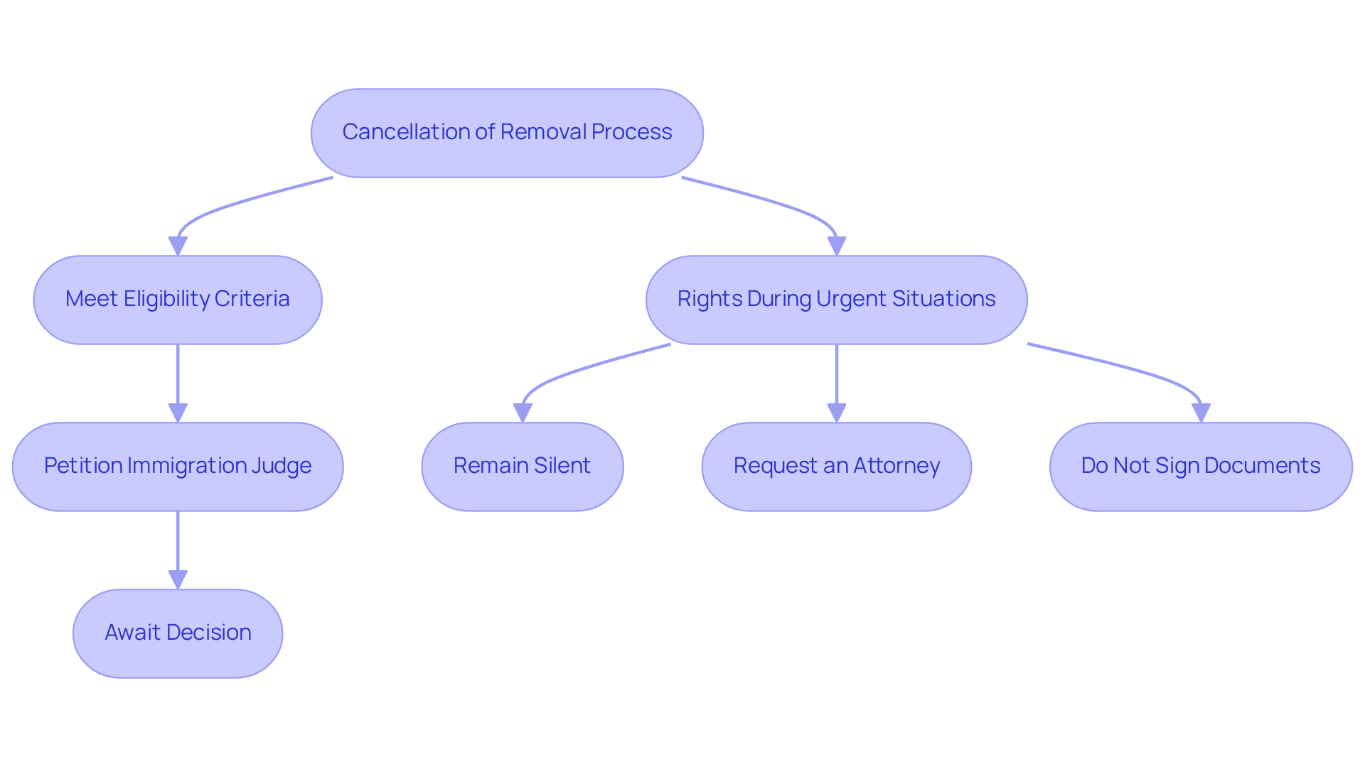 This flowchart guides you through the steps you need to take if facing deportation. Each box represents a step in the process, and the arrows show you the order in which to follow them. The side section highlights your rights during urgent situations, ensuring you know what to do when it matters most. This flowchart guides you through the steps you need to take if facing deportation. Each box represents a step in the process, and the arrows show you the order in which to follow them. The side section highlights your rights during urgent situations, ensuring you know what to do when it matters most.