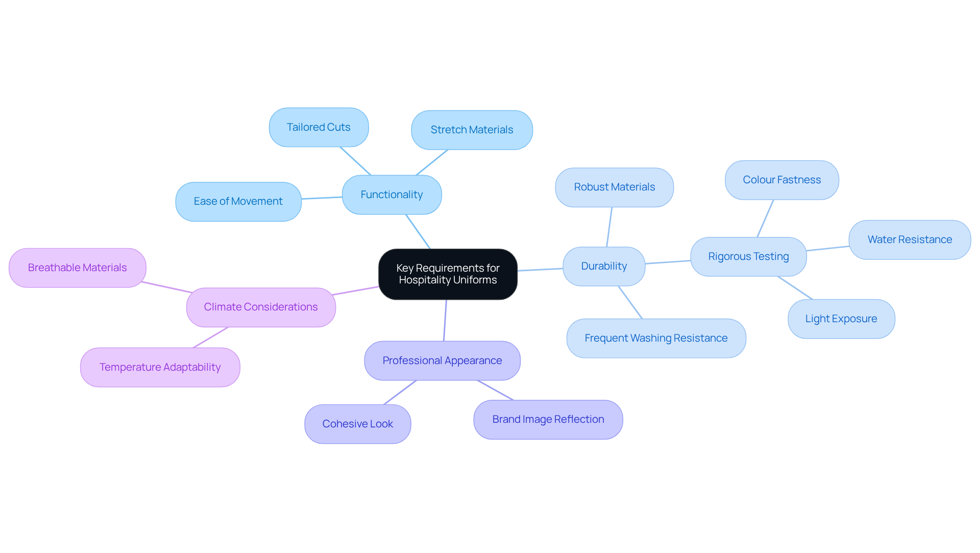 The center represents the main focus on hospitality uniforms, while the branches show the important factors to consider. Each branch can be explored for more details, helping you understand what to look for in a uniform. The center represents the main focus on hospitality uniforms, while the branches show the important factors to consider. Each branch can be explored for more details, helping you understand what to look for in a uniform.