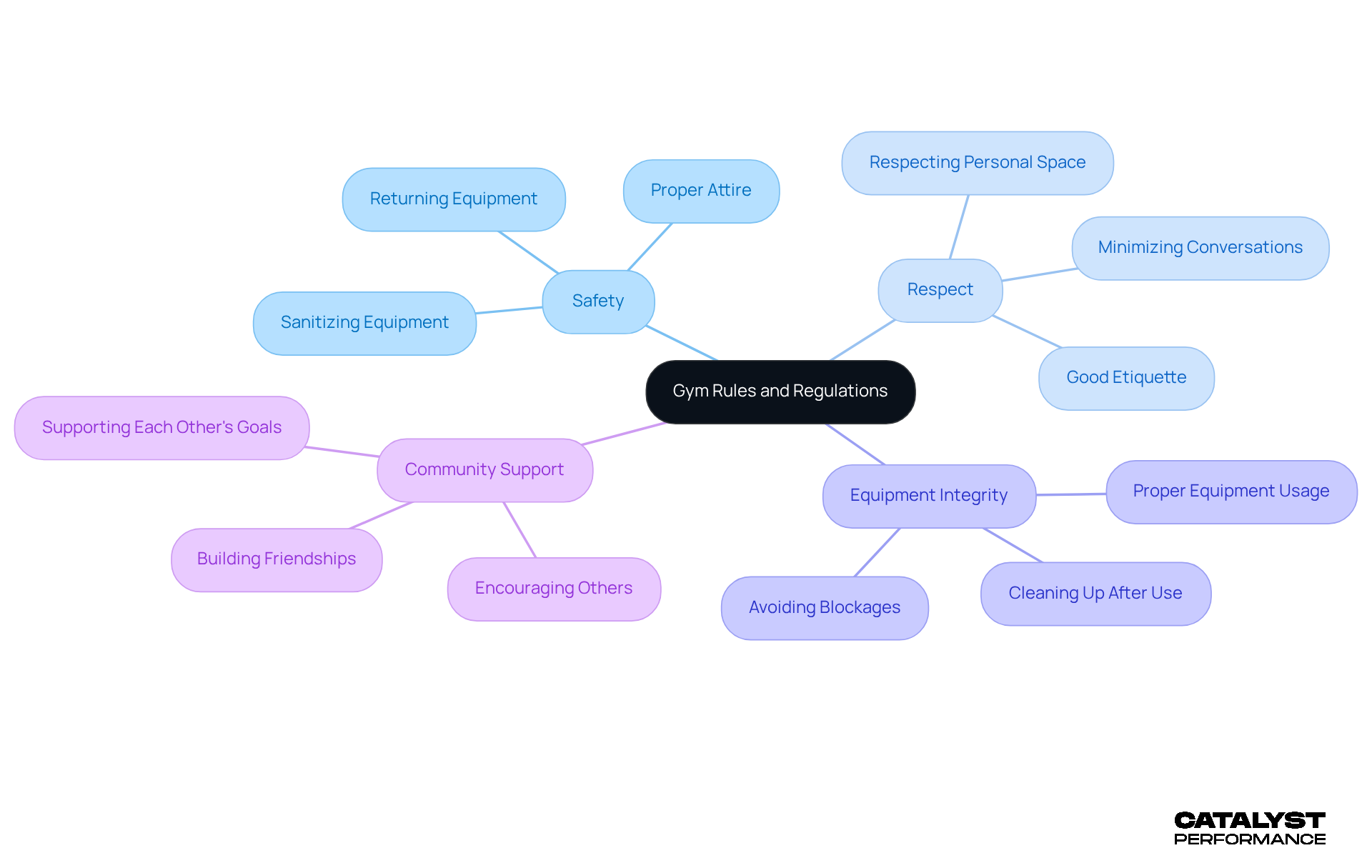 The central node represents the main theme of gym rules, while the branches show how these rules support safety, respect, and community. Each sub-point highlights specific practices that contribute to a positive gym environment.