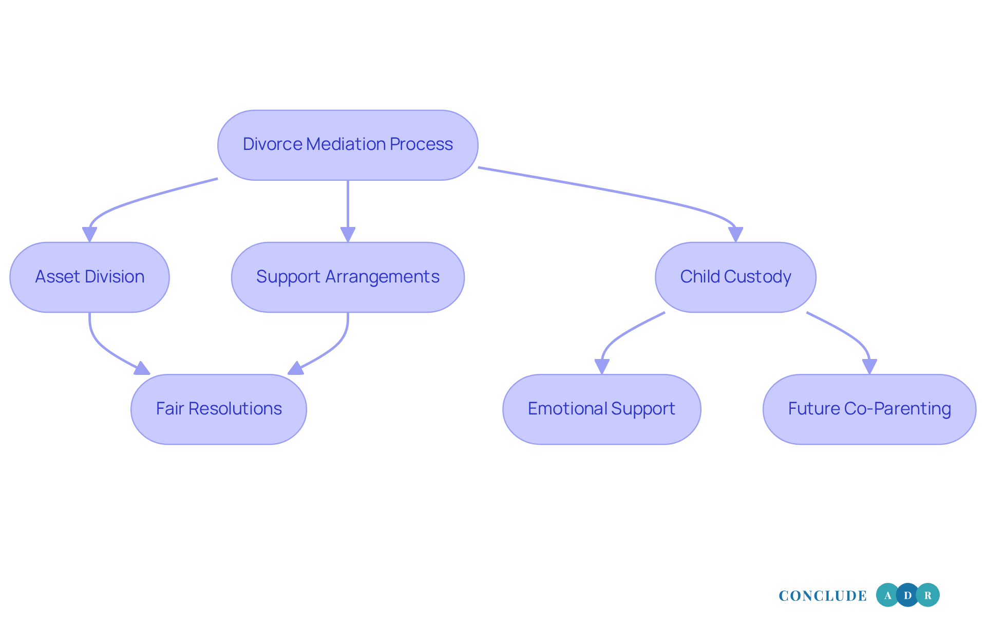 This flowchart outlines the mediation process. Start at the top with the overall process, then follow the arrows to see how discussions on different topics lead to fair and amicable resolutions.