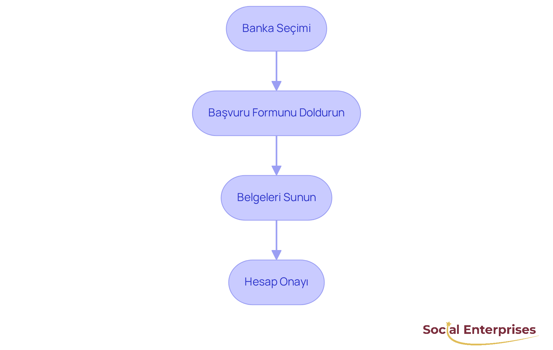 Her kutu, sürecin bir aşamasını temsil eder — oklar ise hangi adımın bir sonrakine geçtiğini gösterir. Süreç boyunca ilerledikçe her adımın ne anlama geldiğini görebilirsiniz.