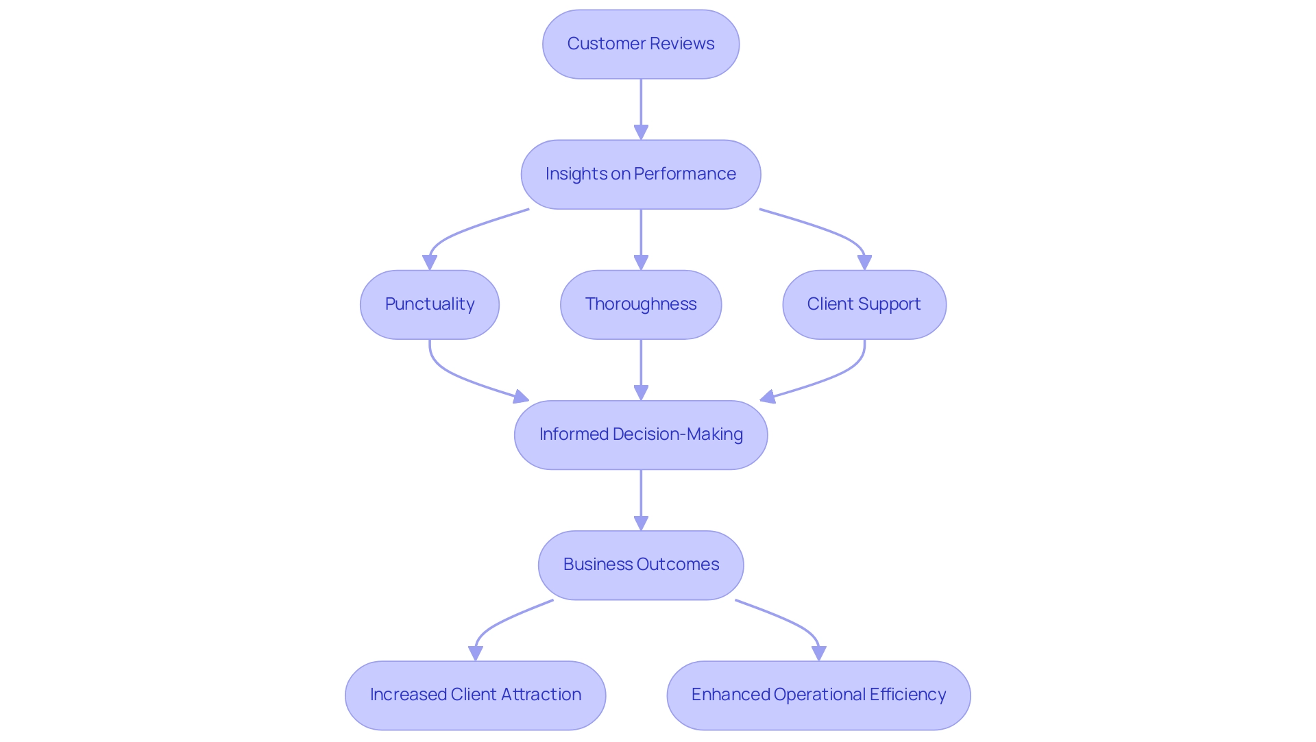 Boxes represent different stages: Customer Reviews, Insights on Performance, Informed Decision-Making, and Business Outcomes, with arrows indicating the flow of influence.