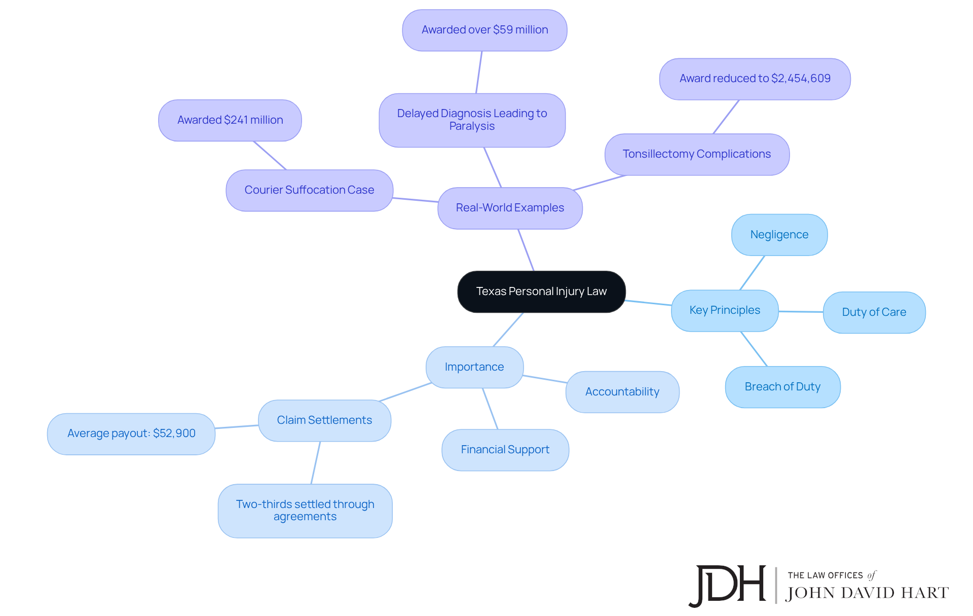 The center represents the main topic, with branches showing key principles, their importance, and real-world examples. Each branch helps you understand how these elements connect to the overall framework of personal injury law.