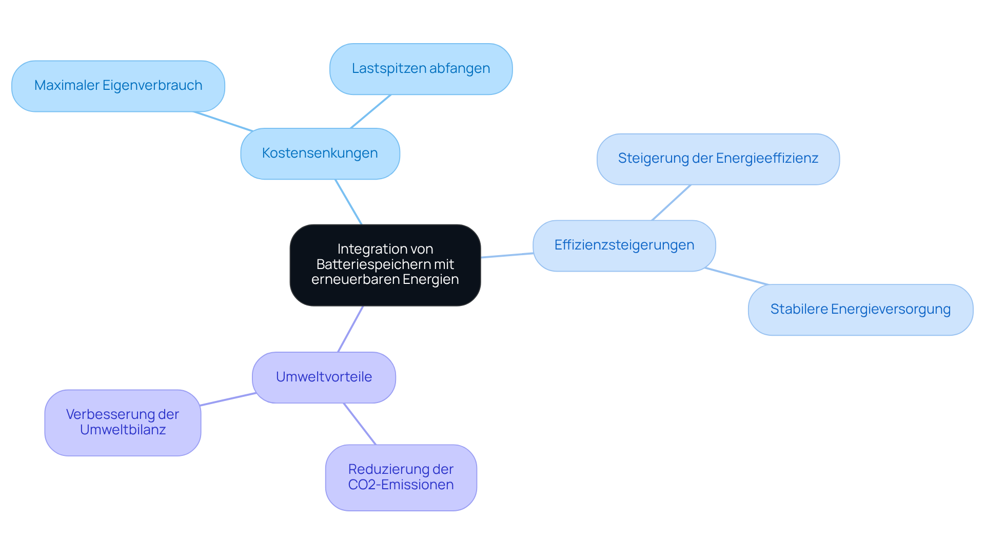 Im Zentrum steht die Integration von Batteriespeichern. Die Äste zeigen die verschiedenen Vorteile, die Unternehmen durch diese Technologie erzielen können. Je dicker der Ast, desto wichtiger ist der Vorteil.