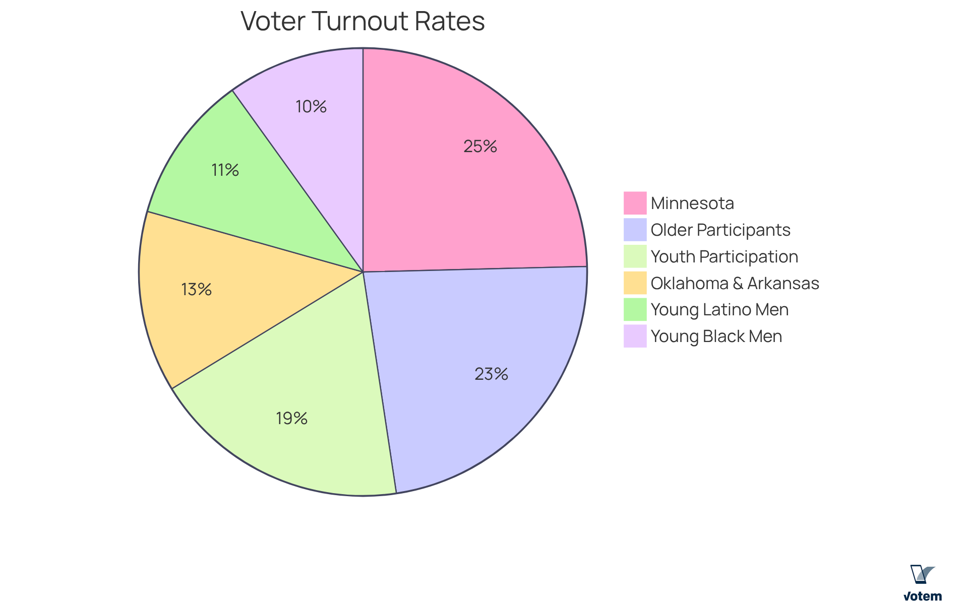 Each slice of the pie represents a different group or state’s voter turnout rate. A larger slice means a higher percentage of participation — see how youth, older voters, and various states compare.