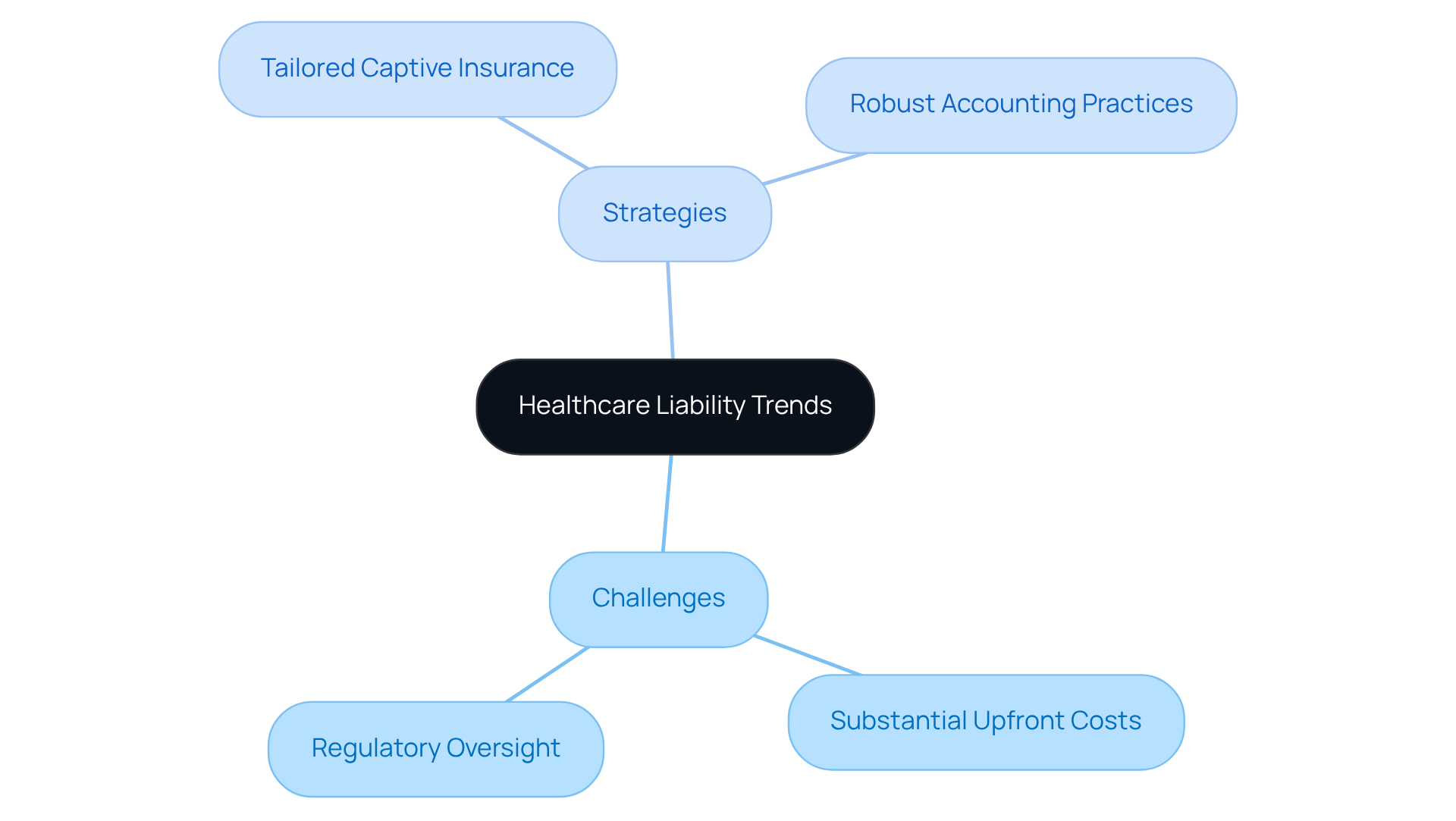 The center represents the main topic of healthcare liability trends. The branches show the challenges medical providers face and the strategies they can use to manage these challenges effectively.