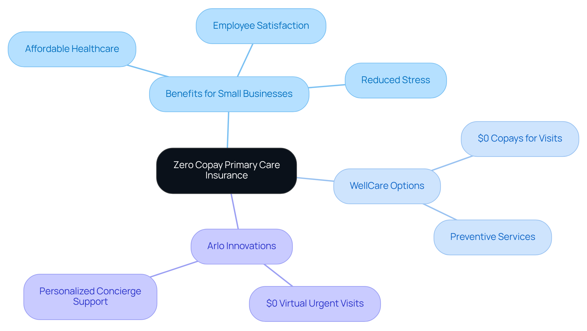The central node represents the main insurance concept, while the branches show the benefits and features that support small businesses in providing healthcare to their employees.