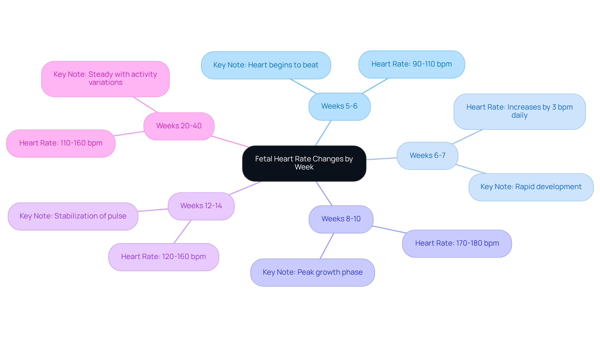 The central node represents the overall topic, while each branch shows specific weeks and their corresponding heart rates. This helps you see how the baby's heart rate evolves as the pregnancy progresses.