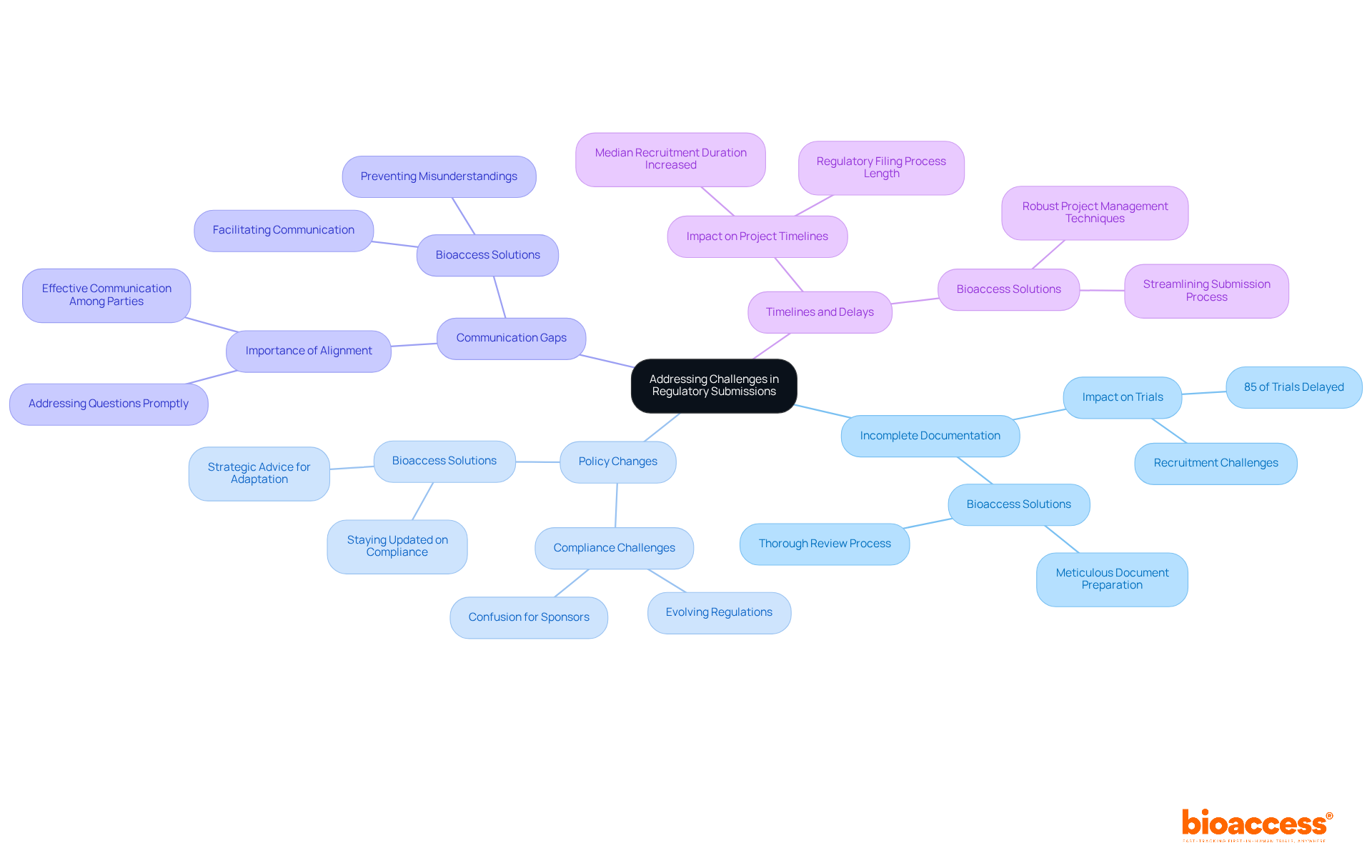 The central node represents the main theme, while each branch shows a specific challenge. The sub-branches explain how Bioaccess helps overcome these challenges, making it clear how they contribute to the regulatory submission process.