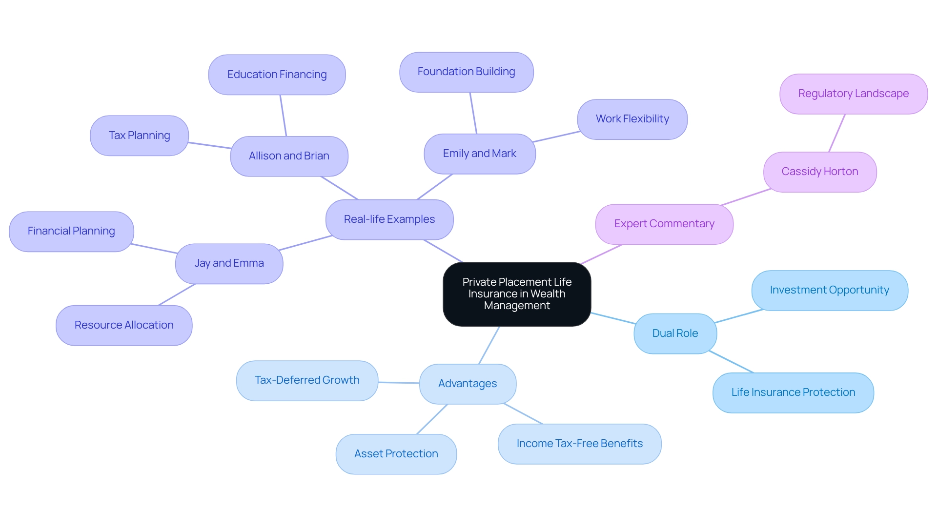 The center represents the concept of PPLI. Branches show its dual role and associated benefits, while examples highlight real-life applications. Each color-coded section makes it easier to follow the discussion.
