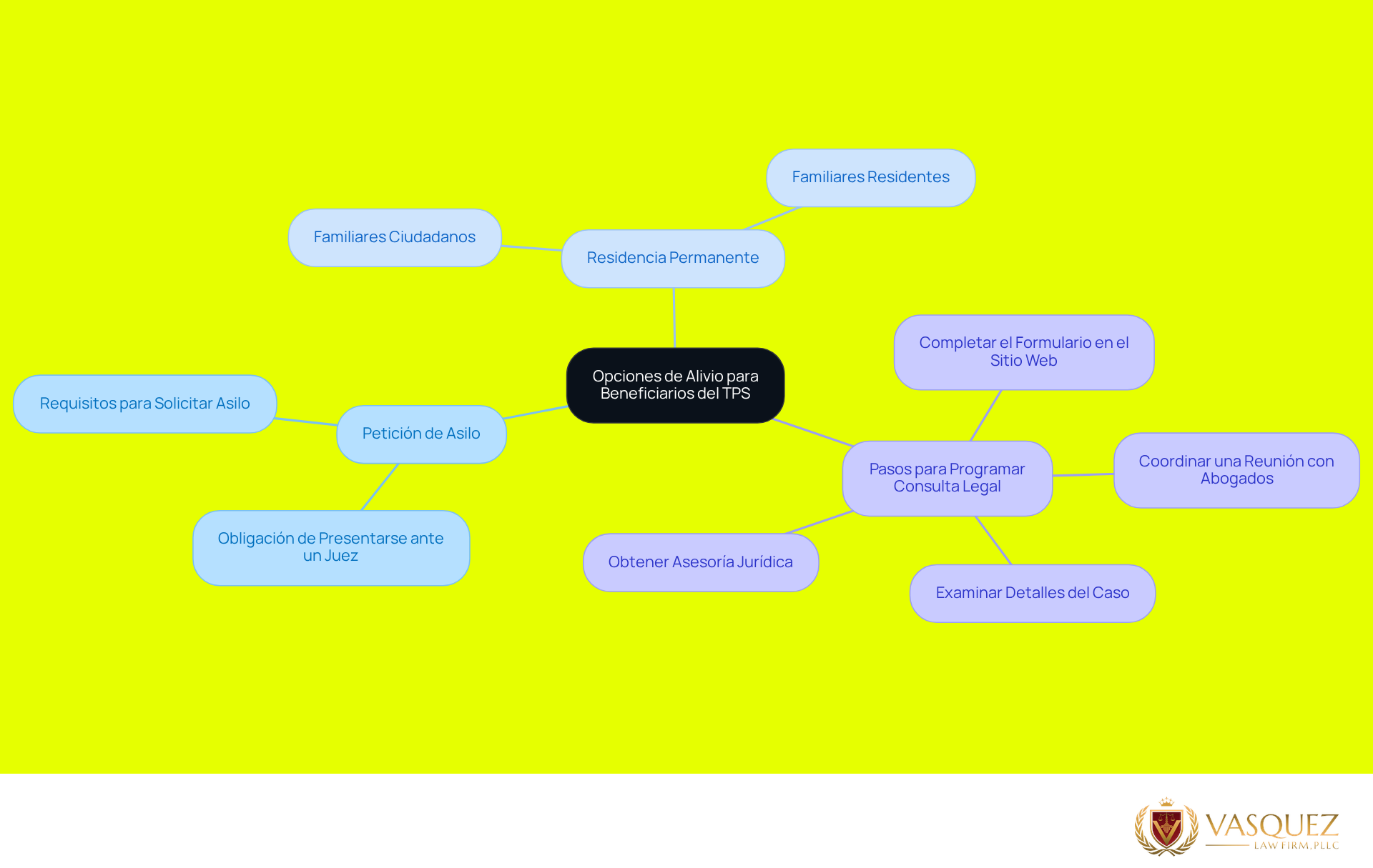 El mapa comienza con las opciones de alivio en el centro. Las ramas muestran las distintas rutas disponibles y los pasos necesarios para buscar ayuda legal, facilitando la navegación por el proceso. El mapa comienza con las opciones de alivio en el centro. Las ramas muestran las distintas rutas disponibles y los pasos necesarios para buscar ayuda legal, facilitando la navegación por el proceso.
