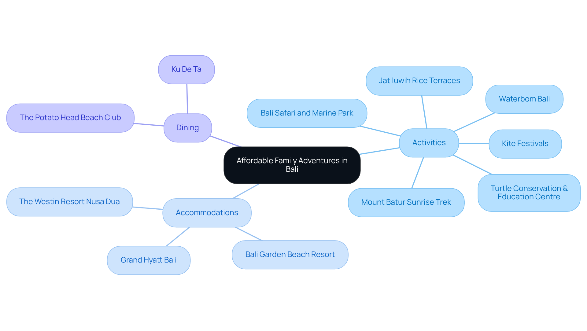 The center node shows the main theme of family adventures, while the branches highlight different categories and specific options that families can enjoy together.