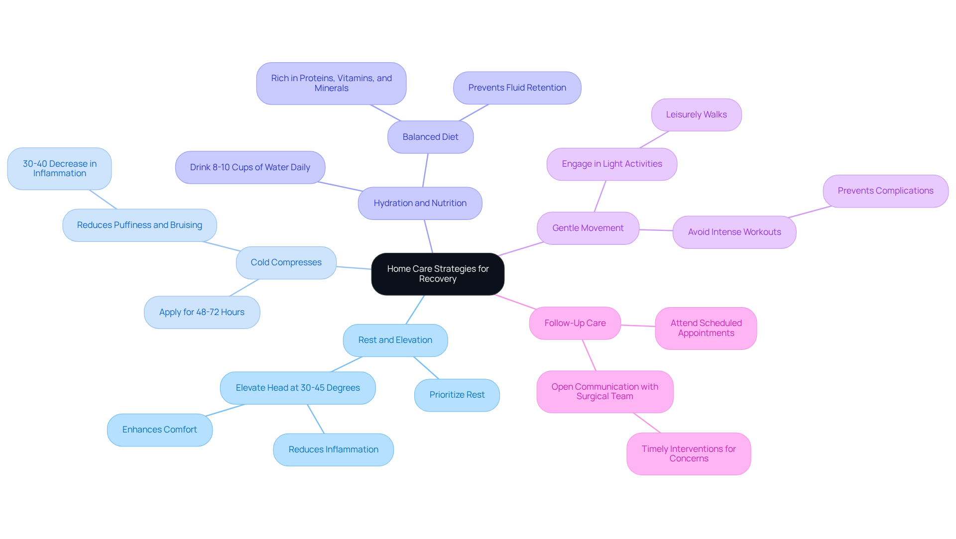 The center represents the main theme of home care strategies, while each branch shows a specific tip. Follow the branches to see how each strategy contributes to a smoother recovery after a facelift.
