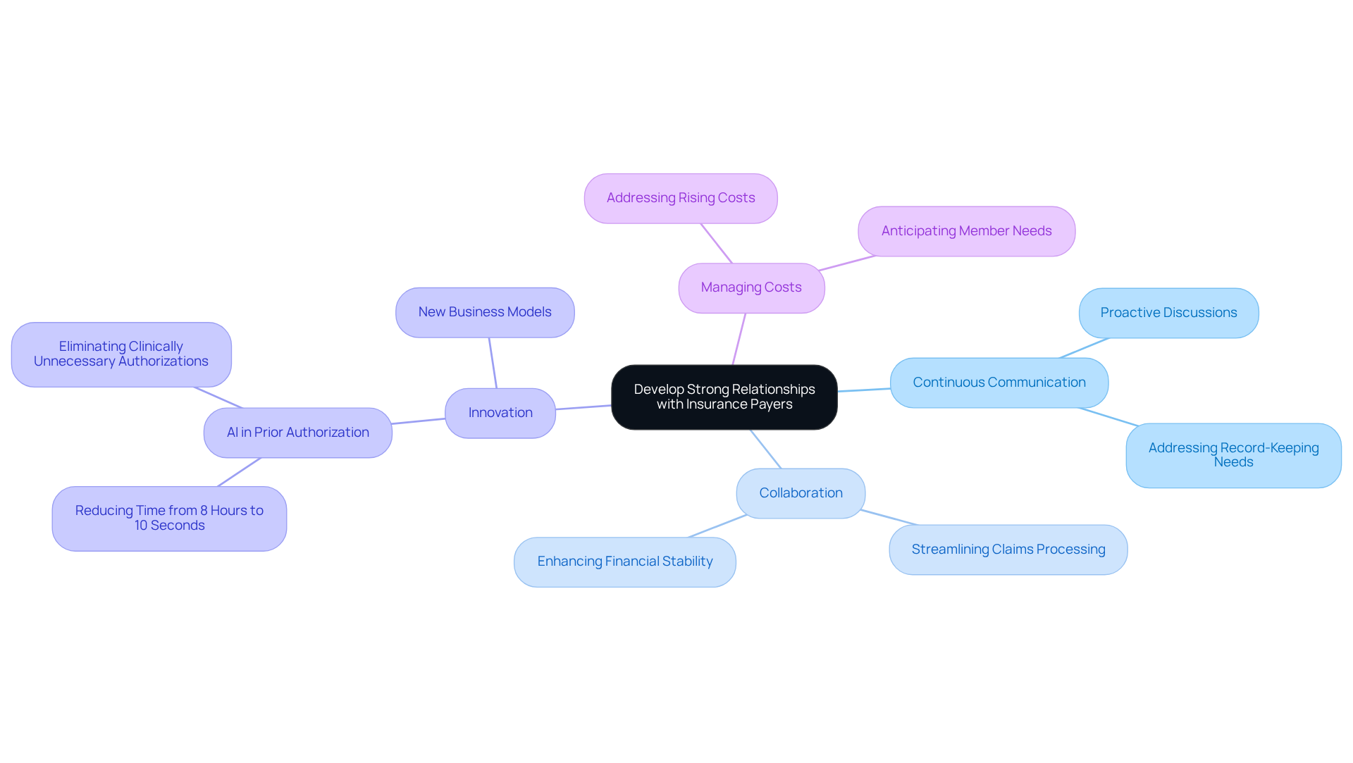 The central idea is about developing strong relationships with insurance payers. Each branch represents a key area of focus, and the sub-branches provide specific actions or examples that support the main theme. The central idea is about developing strong relationships with insurance payers. Each branch represents a key area of focus, and the sub-branches provide specific actions or examples that support the main theme.