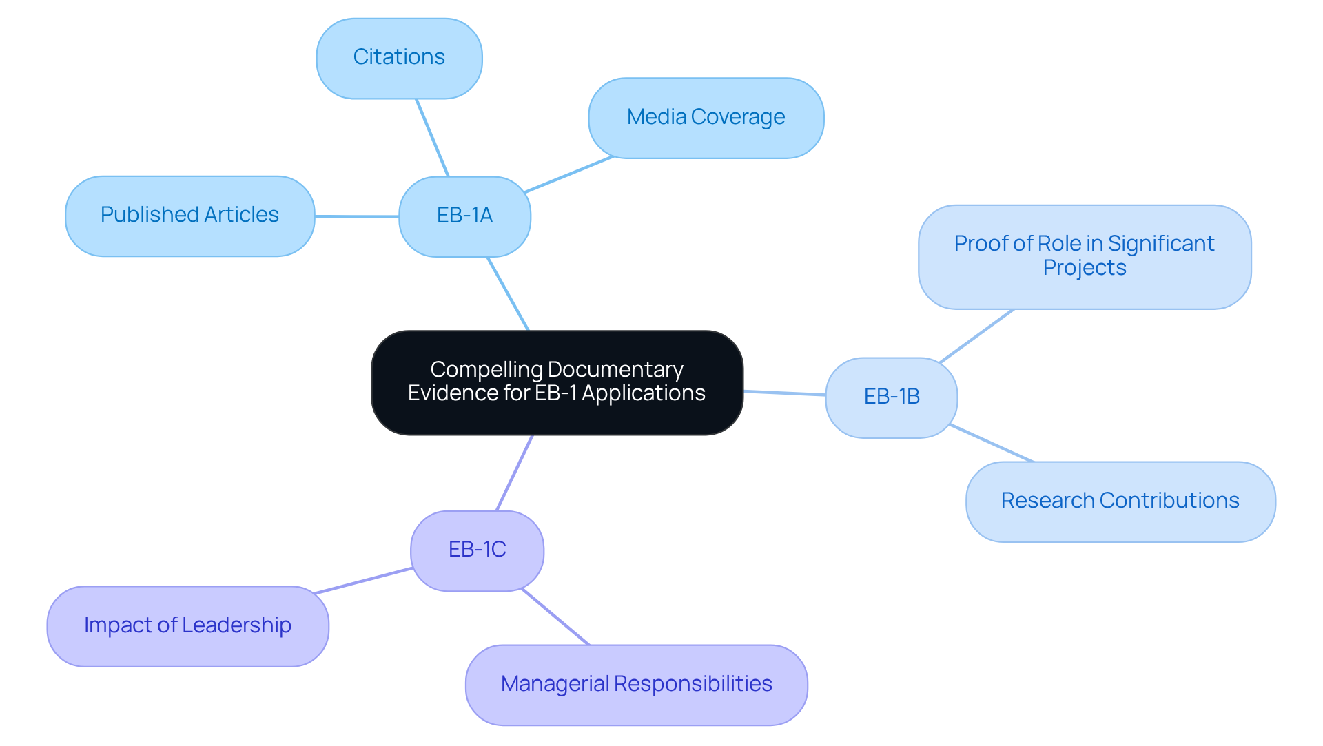 Start at the center with the main topic of documentary evidence, then explore each branch to see the specific requirements for different EB-1 categories. Each color represents a different visa type, making it easy to differentiate between them. Start at the center with the main topic of documentary evidence, then explore each branch to see the specific requirements for different EB-1 categories. Each color represents a different visa type, making it easy to differentiate between them.