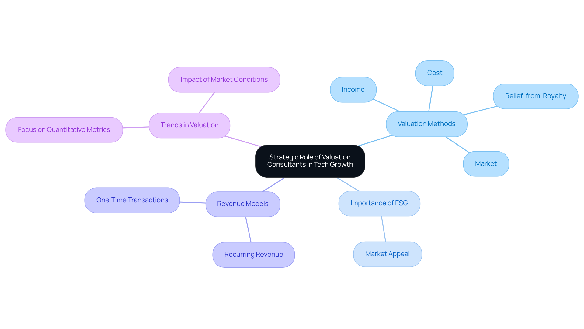 This mindmap illustrates how valuation consultants help tech CEOs understand their organization's worth. Each branch represents a key area of focus, showing how different valuation methods, ESG factors, and revenue models contribute to strategic decision-making and growth.