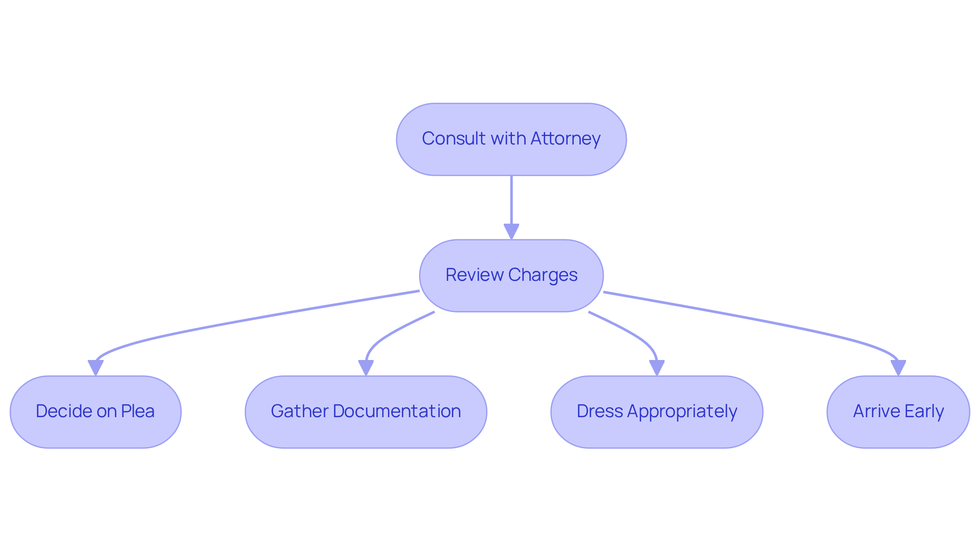 This flowchart outlines the essential steps to prepare for your court appearance. Follow the arrows from one box to the next to see what you need to do, starting from consulting with your attorney all the way to arriving early for court. This flowchart outlines the essential steps to prepare for your court appearance. Follow the arrows from one box to the next to see what you need to do, starting from consulting with your attorney all the way to arriving early for court.