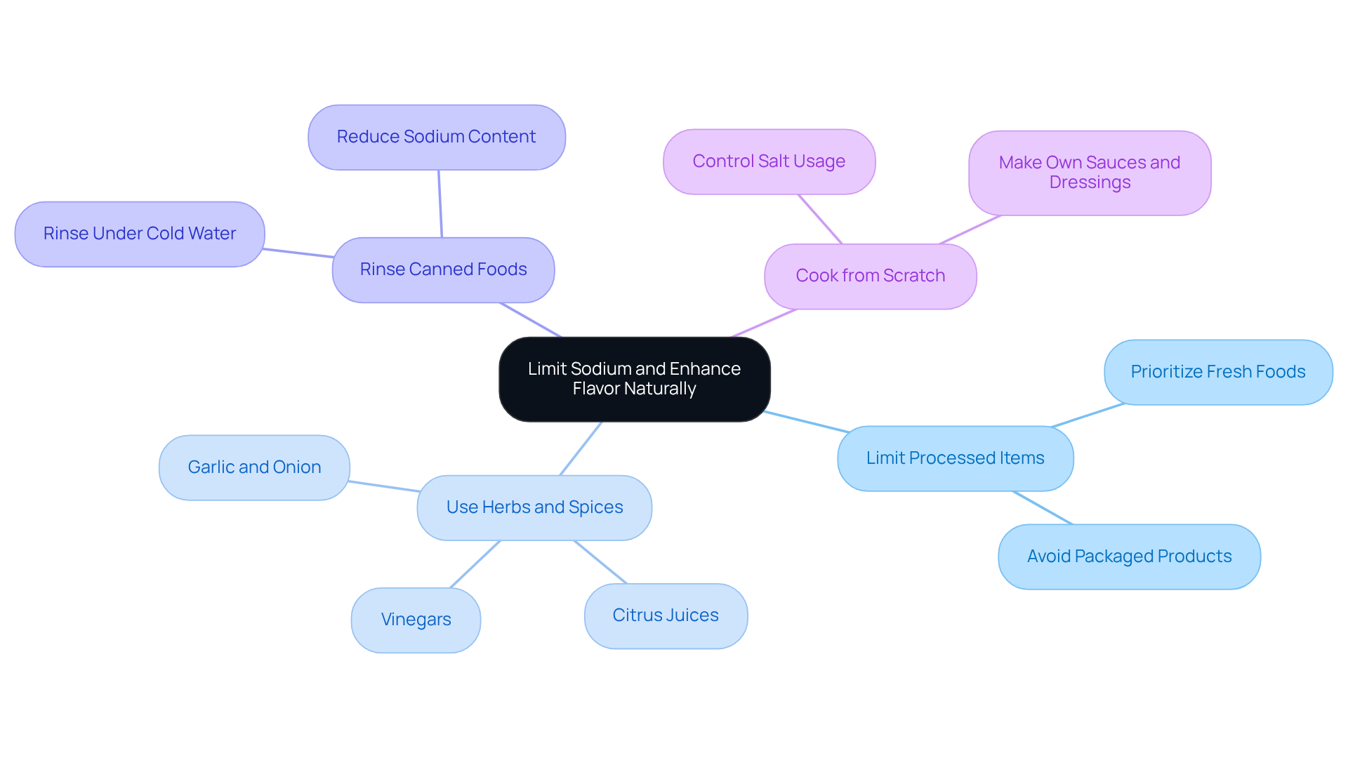 This mindmap shows how to reduce sodium in your meals while keeping them flavorful. Start at the center with the main idea, then follow the branches to see different strategies and their specific tips. Each color represents a different strategy, making it easy to navigate and understand.