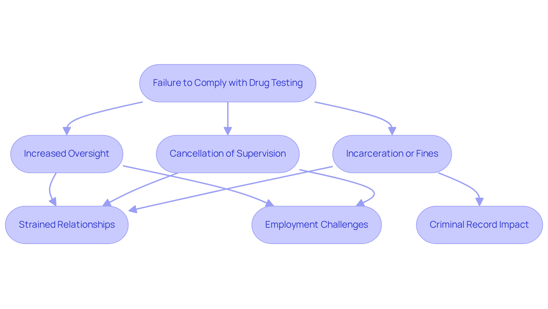 This flowchart shows what happens when someone fails to comply with drug testing while on probation. Starting from a single failure, you can see how it can lead to various serious consequences, including legal issues and personal challenges. Follow the arrows to understand how one misstep can escalate into multiple problems.