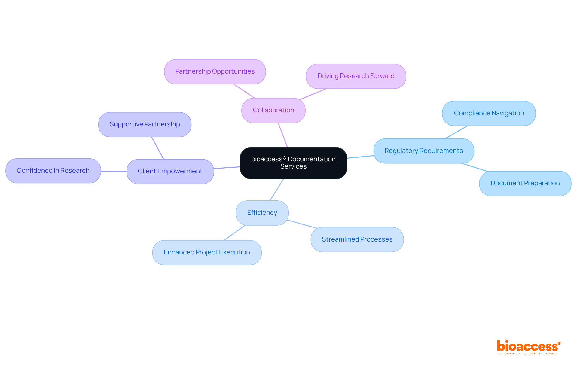 The central node represents bioaccess®'s services, with branches showing how these services relate to different aspects of clinical trials. Each branch highlights an important area, helping you see how documentation supports research success.
