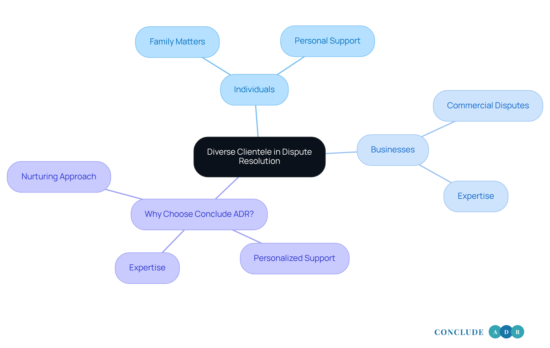 The center represents the overall focus on dispute resolution, while the branches show the different client types and the services tailored for them. Each color helps differentiate between individuals and businesses, making it easy to navigate the information.
