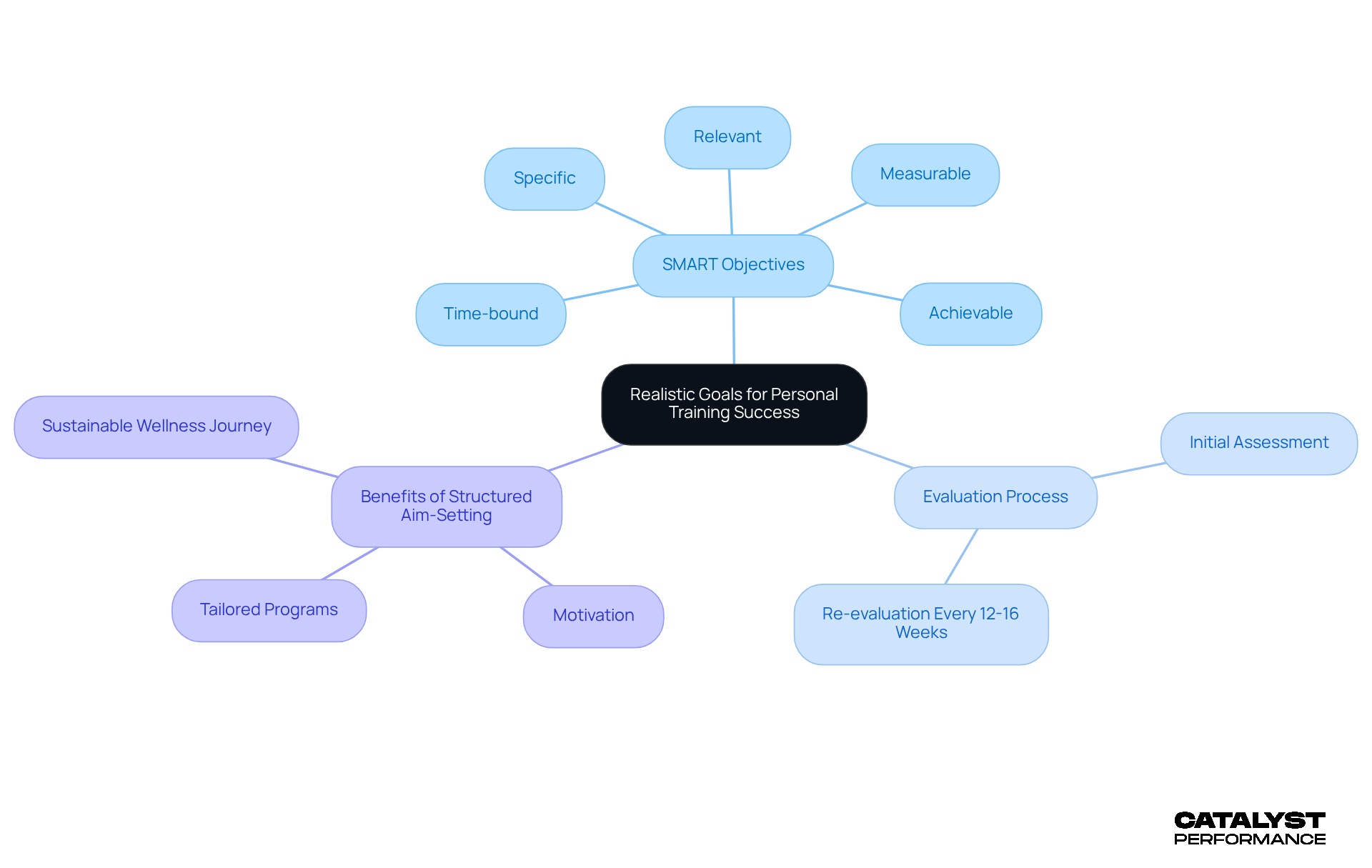 Start at the center with the main idea of setting realistic goals, then follow the branches to explore SMART objectives, the evaluation process, and the benefits of structured aim-setting. Each branch represents a key aspect of achieving success in personal training.