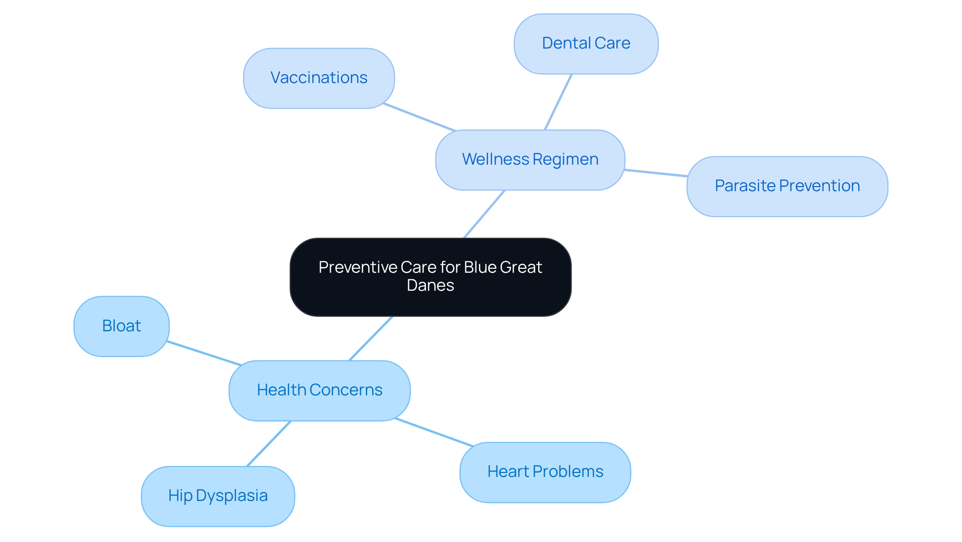 The central node represents the overall theme of preventive care, with branches showing specific health concerns and care practices. Follow each branch to see the detailed aspects of your dog's health needs.