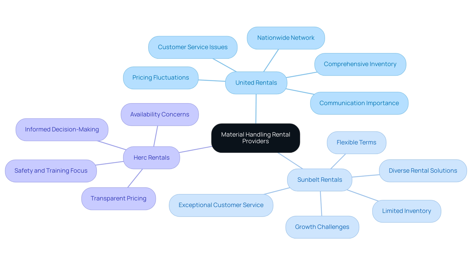 The central node represents the overall topic, with branches for each provider showing key strengths, weaknesses, and market considerations.