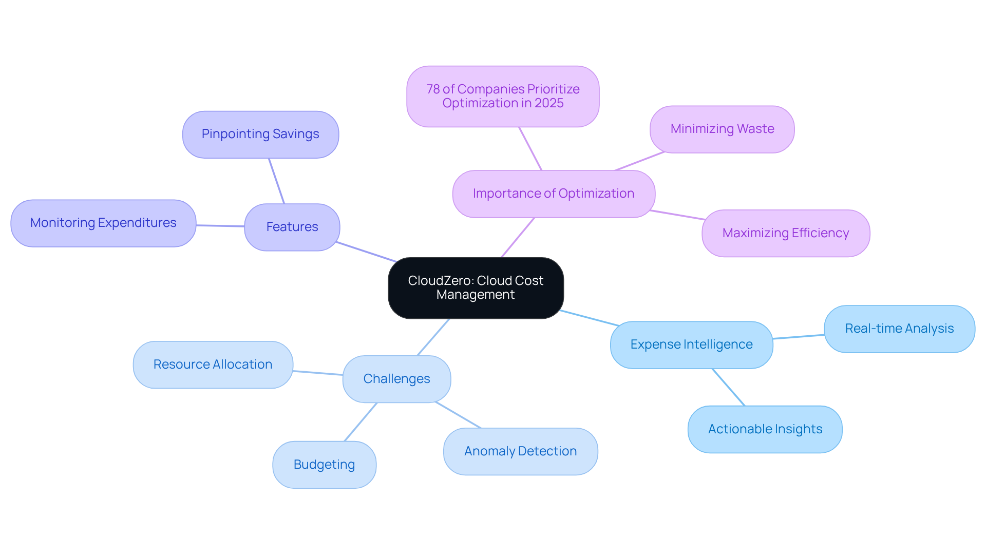 The center represents CloudZero's role in managing cloud costs, while the branches show the various aspects that contribute to effective expense management. Each branch highlights a key area, helping you understand how they connect to the overall theme. The center represents CloudZero's role in managing cloud costs, while the branches show the various aspects that contribute to effective expense management. Each branch highlights a key area, helping you understand how they connect to the overall theme.