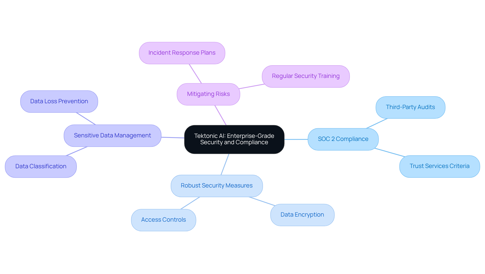 The central node represents Tektonic AI's commitment to security. Each branch shows a key area of focus, illustrating how they contribute to protecting sensitive data and ensuring compliance.
