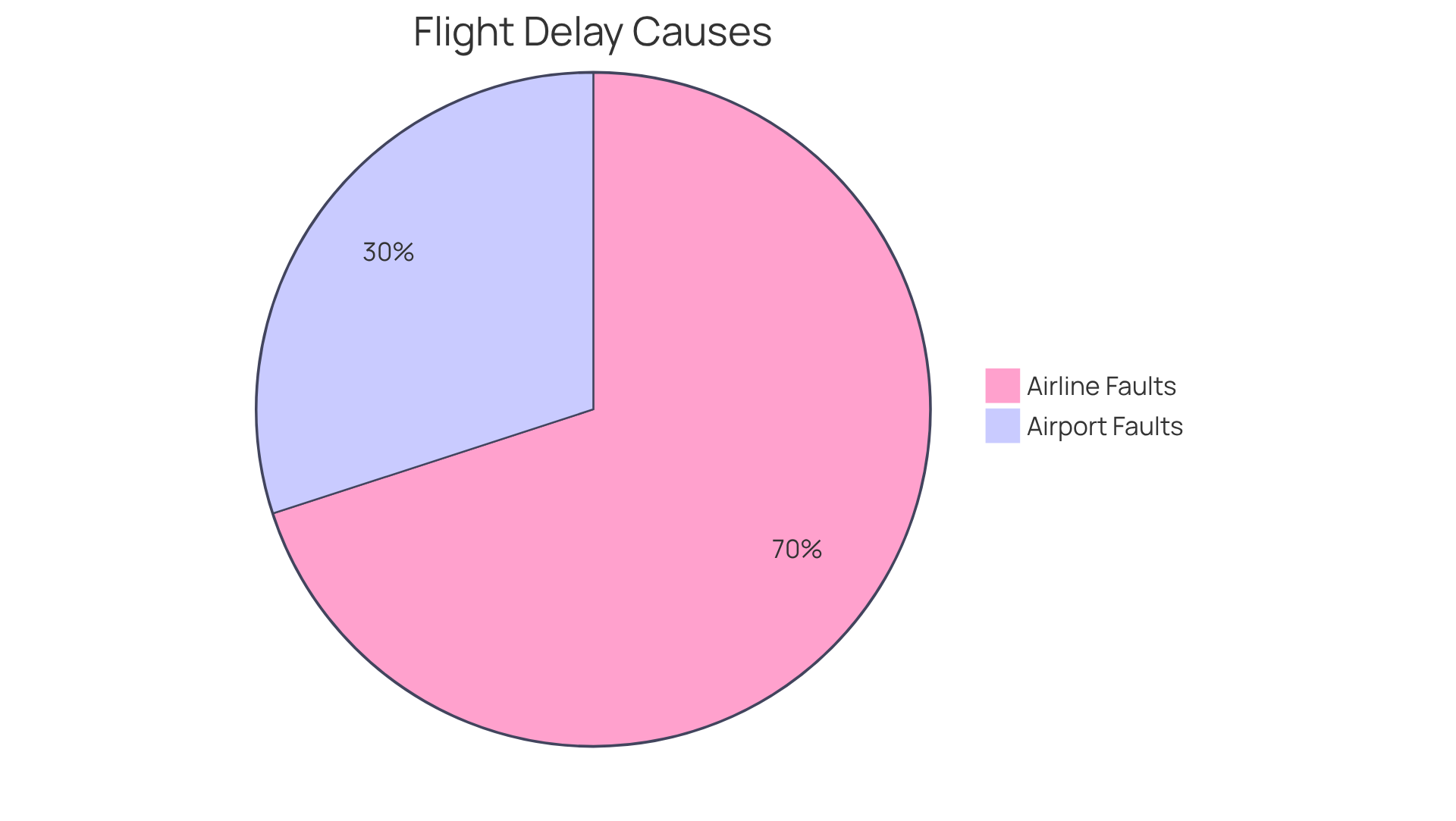 This chart shows how much of the flight delays are due to airline issues versus airport issues. The blue slice represents delays caused by airlines, like crew scheduling or maintenance problems, while the orange slice shows delays due to airports, such as slow baggage handling or security checks. The bigger the slice, the more significant the contribution to delays. This chart shows how much of the flight delays are due to airline issues versus airport issues. The blue slice represents delays caused by airlines, like crew scheduling or maintenance problems, while the orange slice shows delays due to airports, such as slow baggage handling or security checks. The bigger the slice, the more significant the contribution to delays.