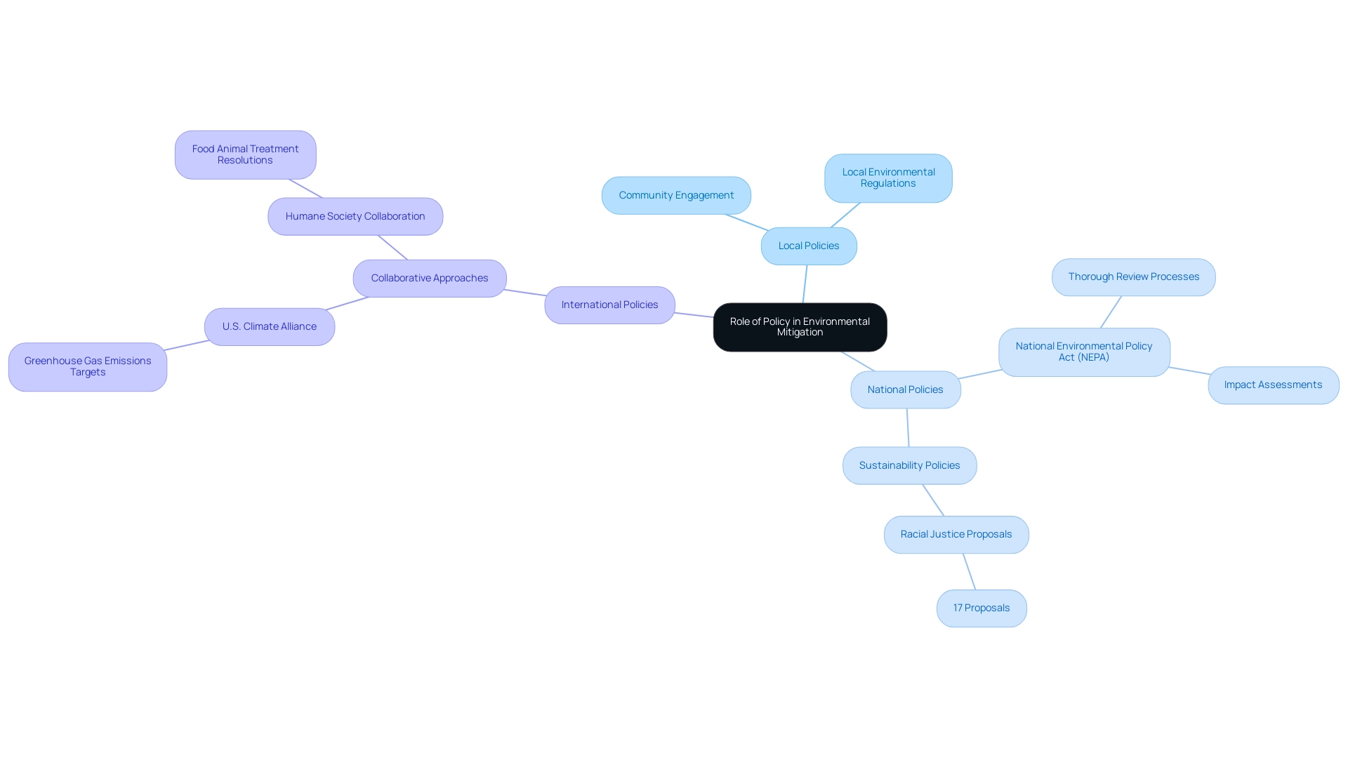 The central node represents the overarching theme, with branches indicating the levels of policy (local, national, international) and sub-branches detailing specific regulations and collaborative efforts.