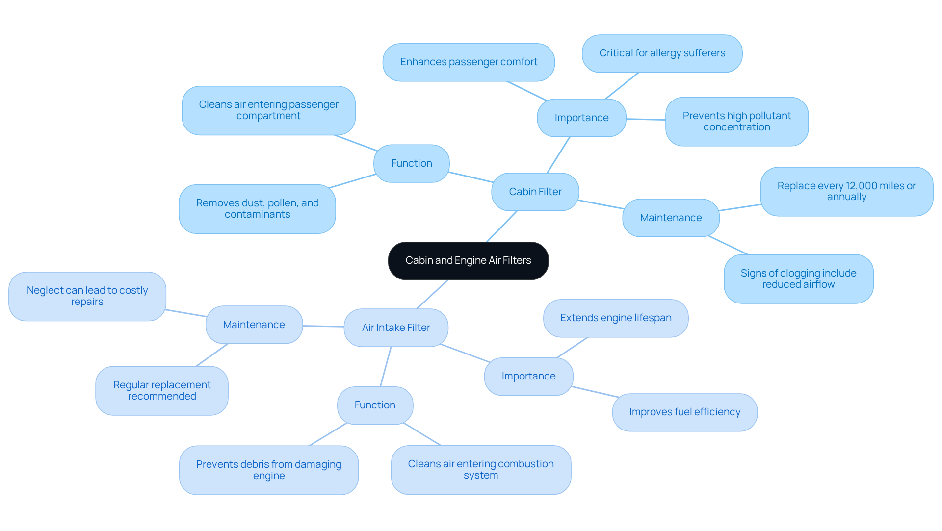 This mindmap helps you see the key differences and similarities between the cabin filter and the air intake filter. Each branch shows what each filter does, why it's important, and how to maintain it. Follow the branches to understand how these components contribute to your vehicle's performance and passenger comfort.