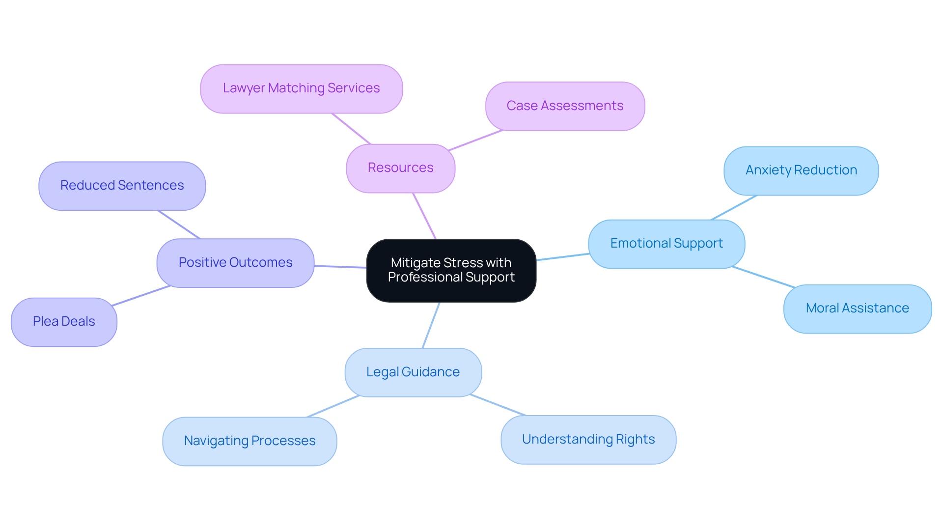 The central idea is about how professional support helps reduce stress. Each branch represents a different aspect of this support, showing how they contribute to a better experience during legal challenges.