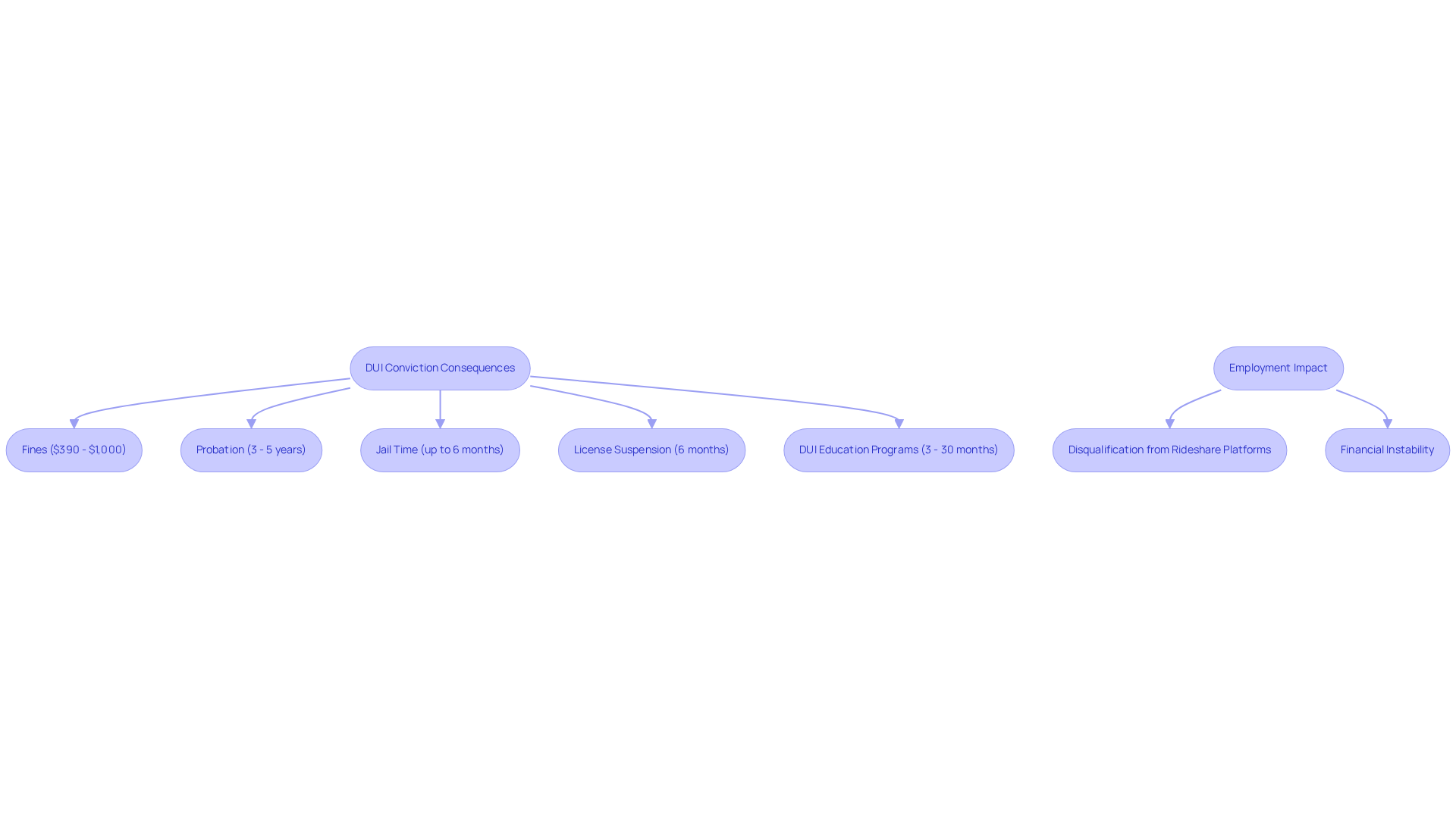 This flowchart outlines the penalties and consequences of a DUI conviction for rideshare operators. Each box represents a specific consequence, and the arrows show how these penalties can lead to further impacts on employment and financial stability.
