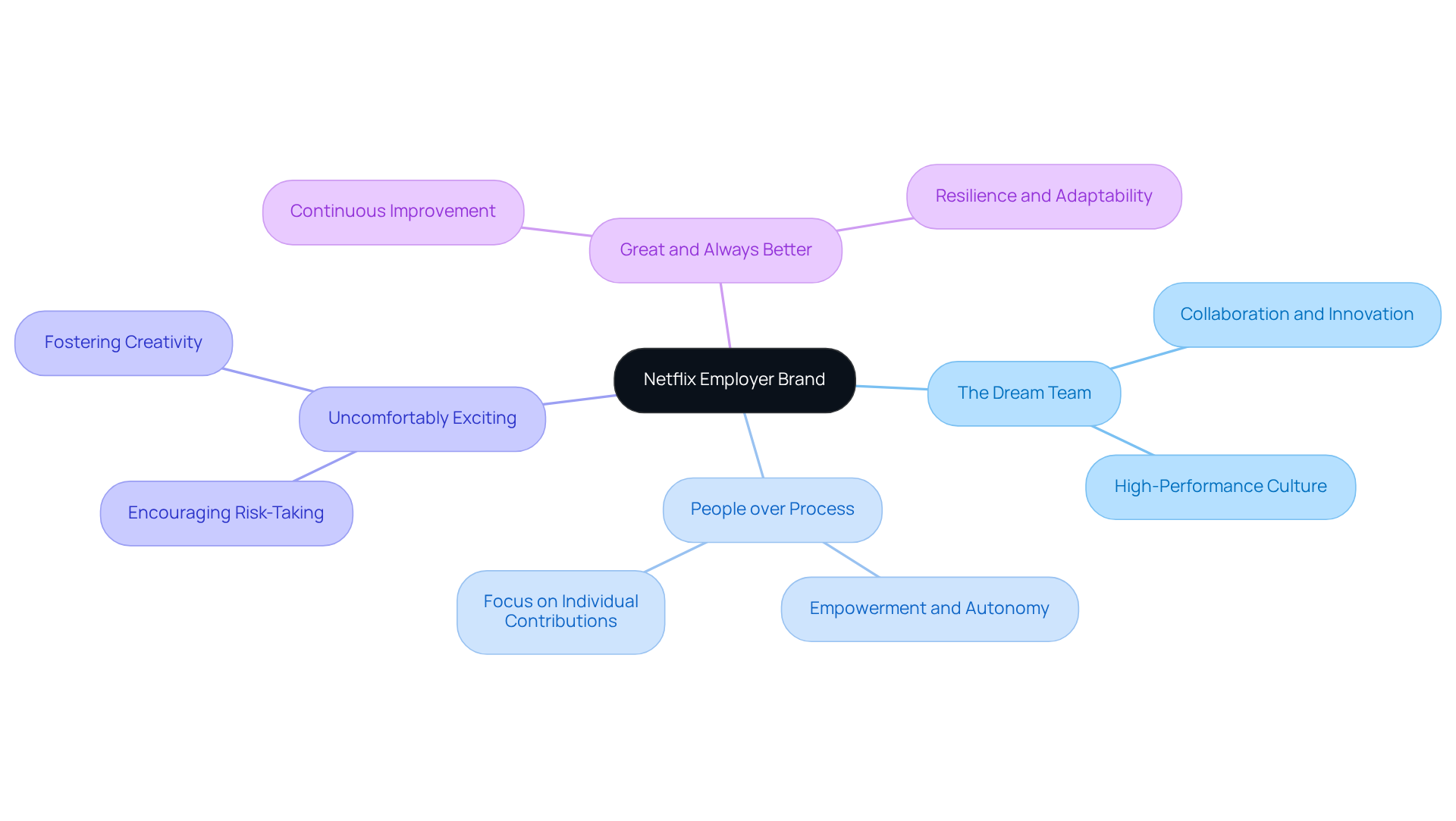 The center represents Netflix's overall branding strategy, while the branches highlight key principles that define its culture and attract creative talent.