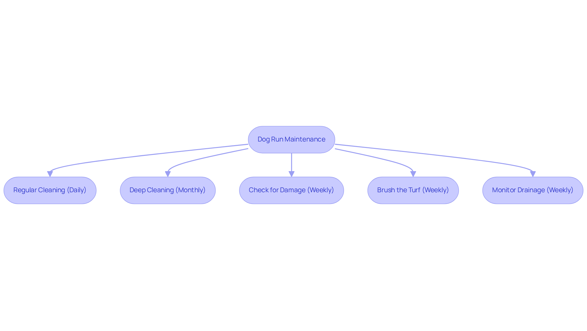 This flowchart shows the essential maintenance tasks for your dog run. Follow the arrows to see what needs to be done and how often - keeping your dog run clean and safe!
