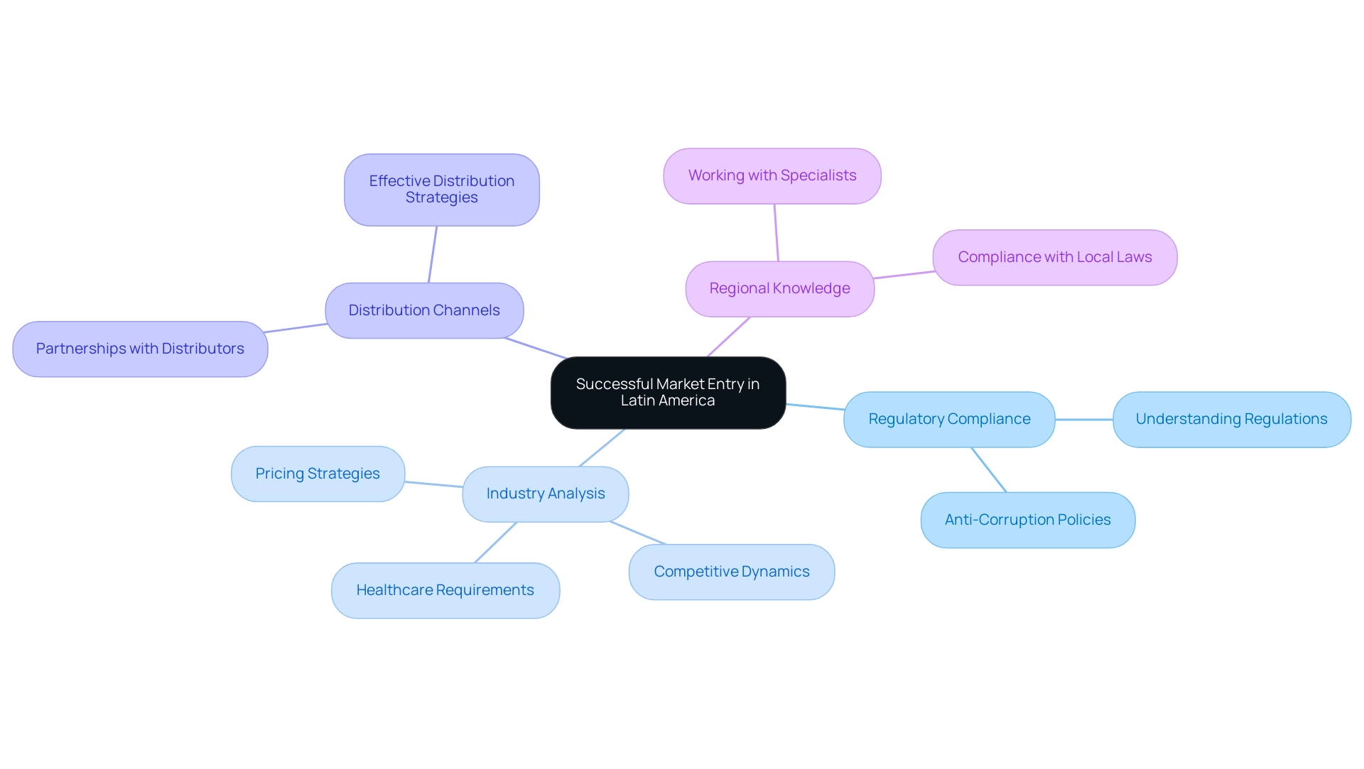 Each branch represents a key factor for market entry, with sub-branches detailing specific considerations. Different colors indicate different main factors.