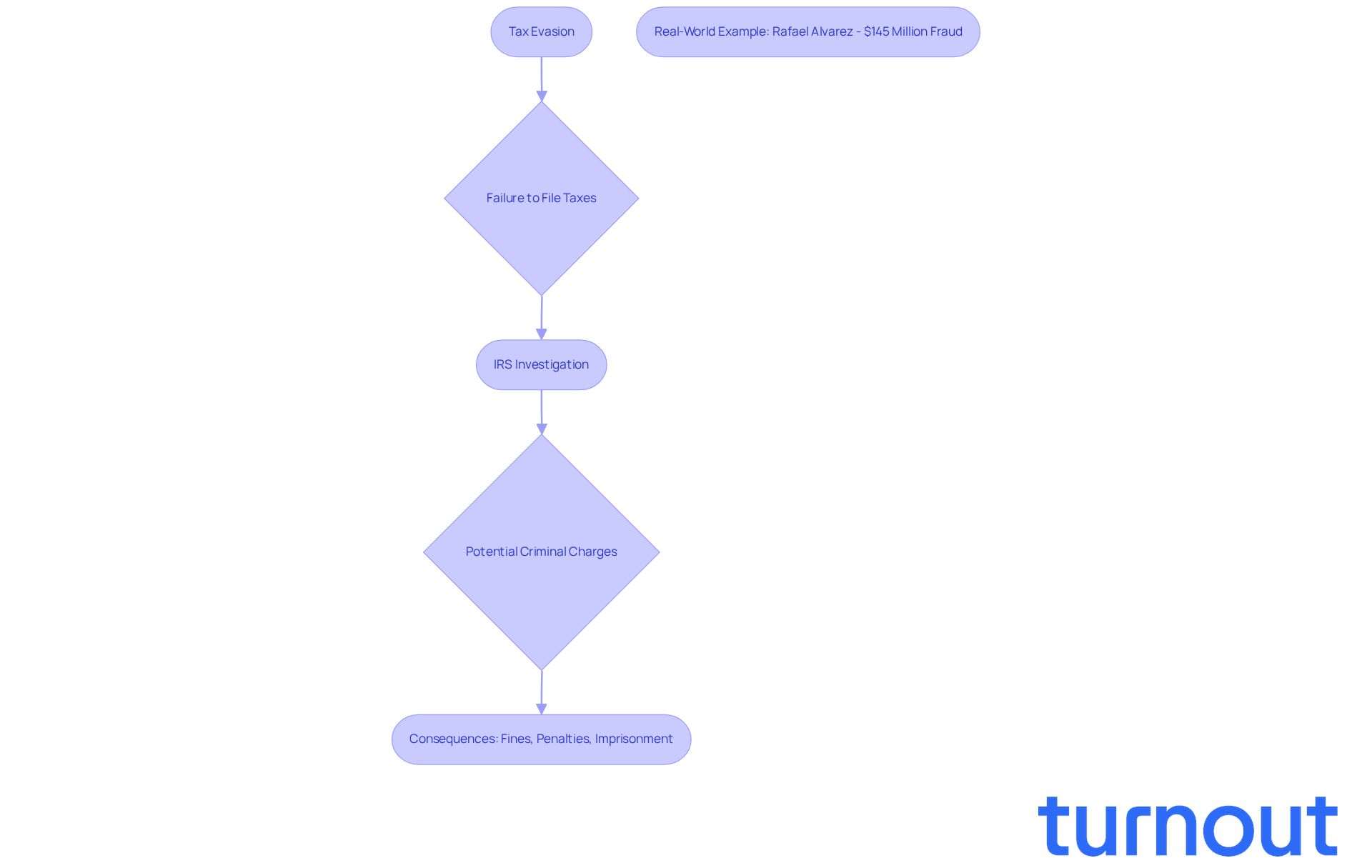 This flowchart shows the steps involved in tax evasion and the serious consequences that can follow. Each box represents a stage in the process, and the arrows indicate the flow from one step to the next. The example highlights a real case to emphasize the risks.