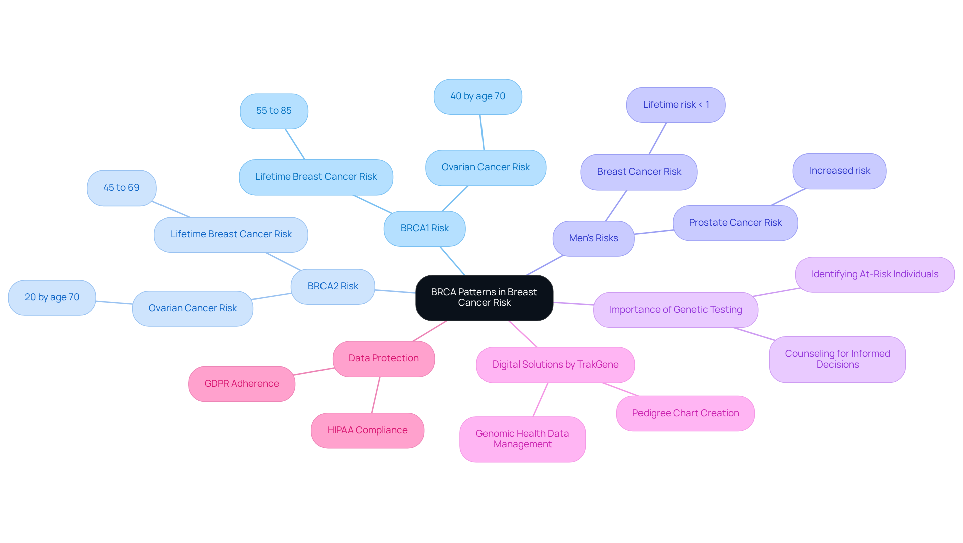 Start at the center with the main topic of BRCA patterns. Follow the branches to explore specific risks for women and men, the importance of genetic testing, and how digital solutions help manage this information.