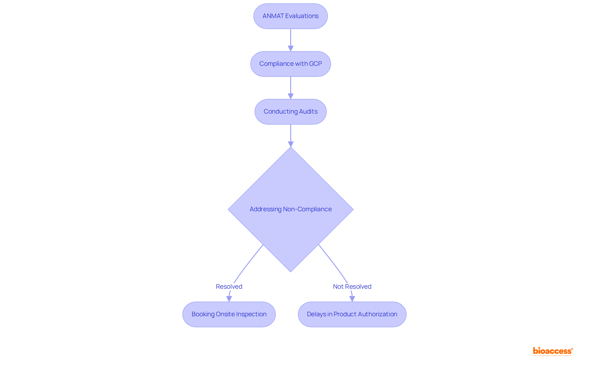 Each box represents a step in the inspection process - follow the arrows to see how evaluations lead to compliance or delays in product authorization.