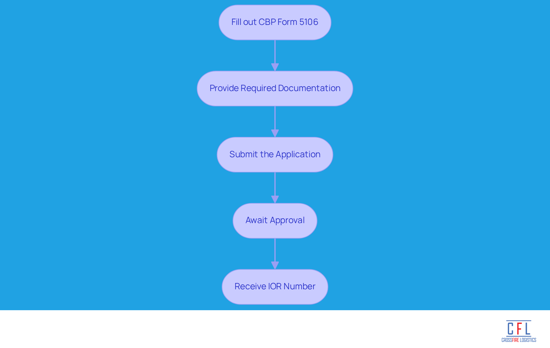 Each box represents a step in the process of obtaining your IOR number. Follow the arrows to see how to move from one step to the next, ensuring you complete each action for smooth customs clearance.