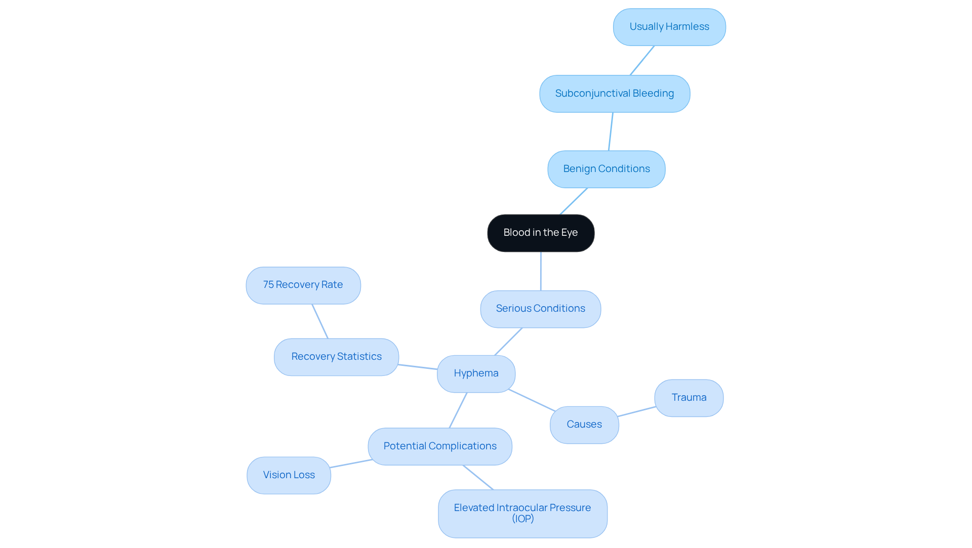 This mindmap helps you visualize the different meanings of blood in the eye. The central idea is 'Blood in the Eye', with branches showing benign and serious conditions. Each branch explains what those conditions mean for your health, helping you understand when to seek medical attention.